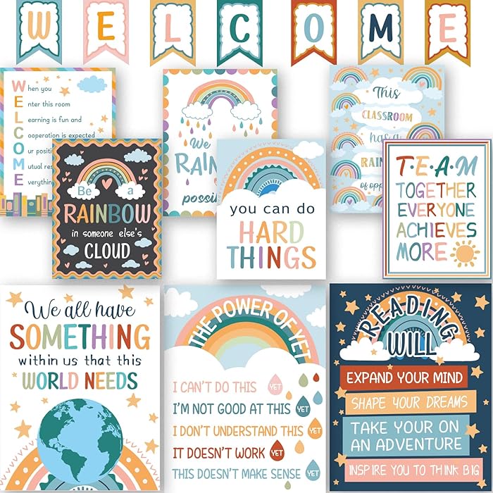 Buy 17 Pieces Boho Rainbow Classroom Motivational Posters Welcome Decor ...