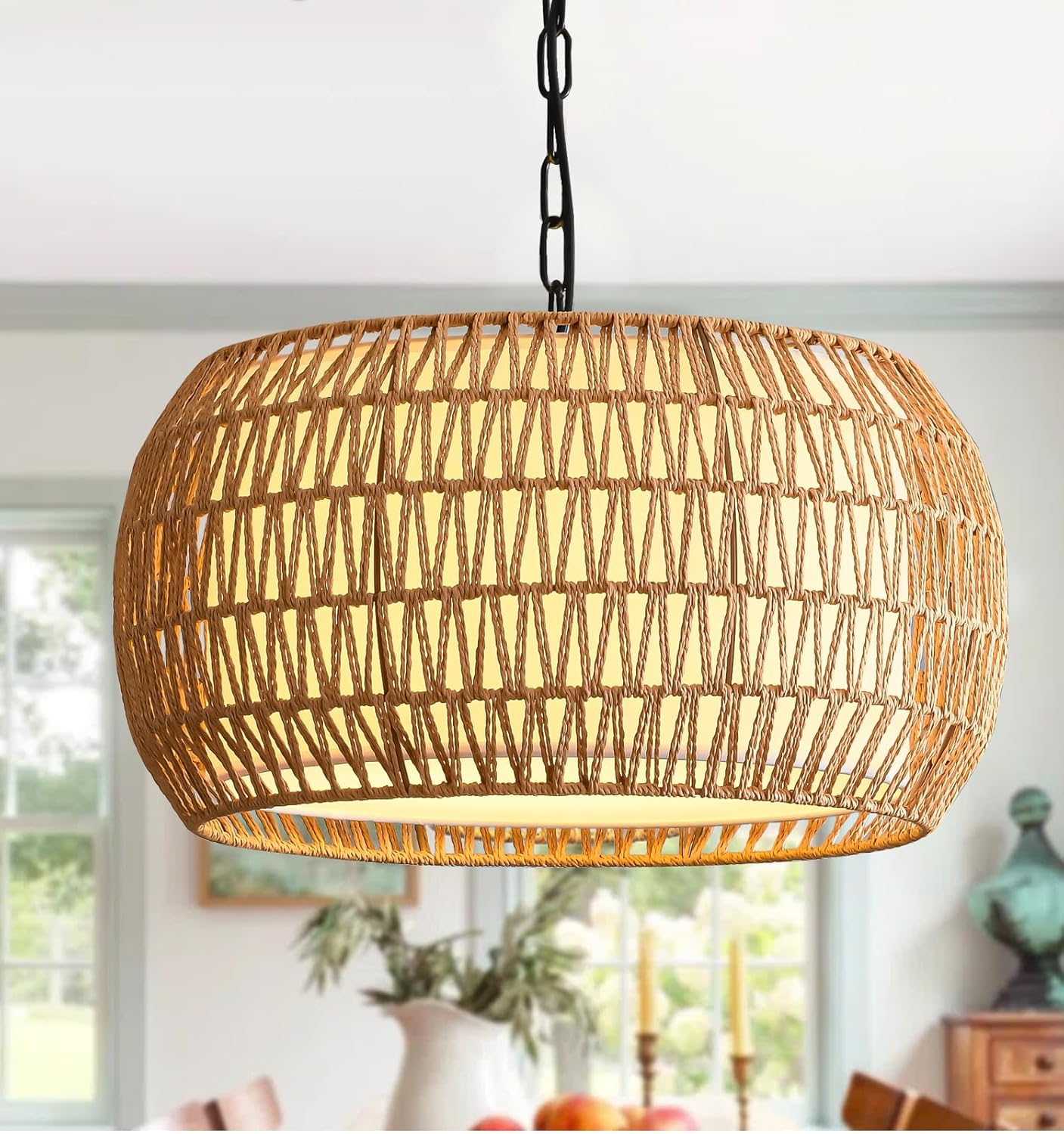 Lzwelcy Farmhouse Rattan Chandelier, 19 Inch Large 5 Light Bohemian ...