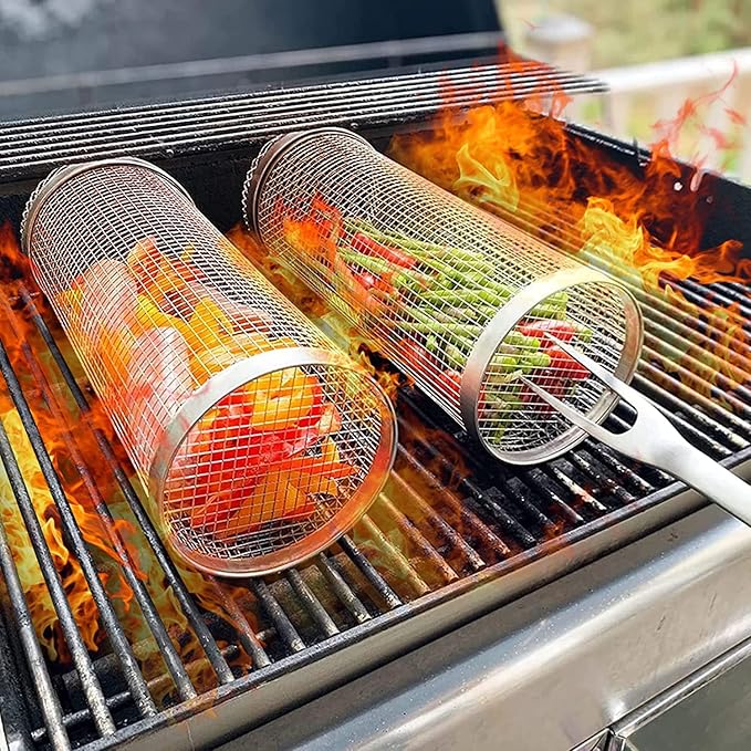 Amazon.com: 2PCS BBQ Grill Basket, Upgraded Rolling Grill Basket ...