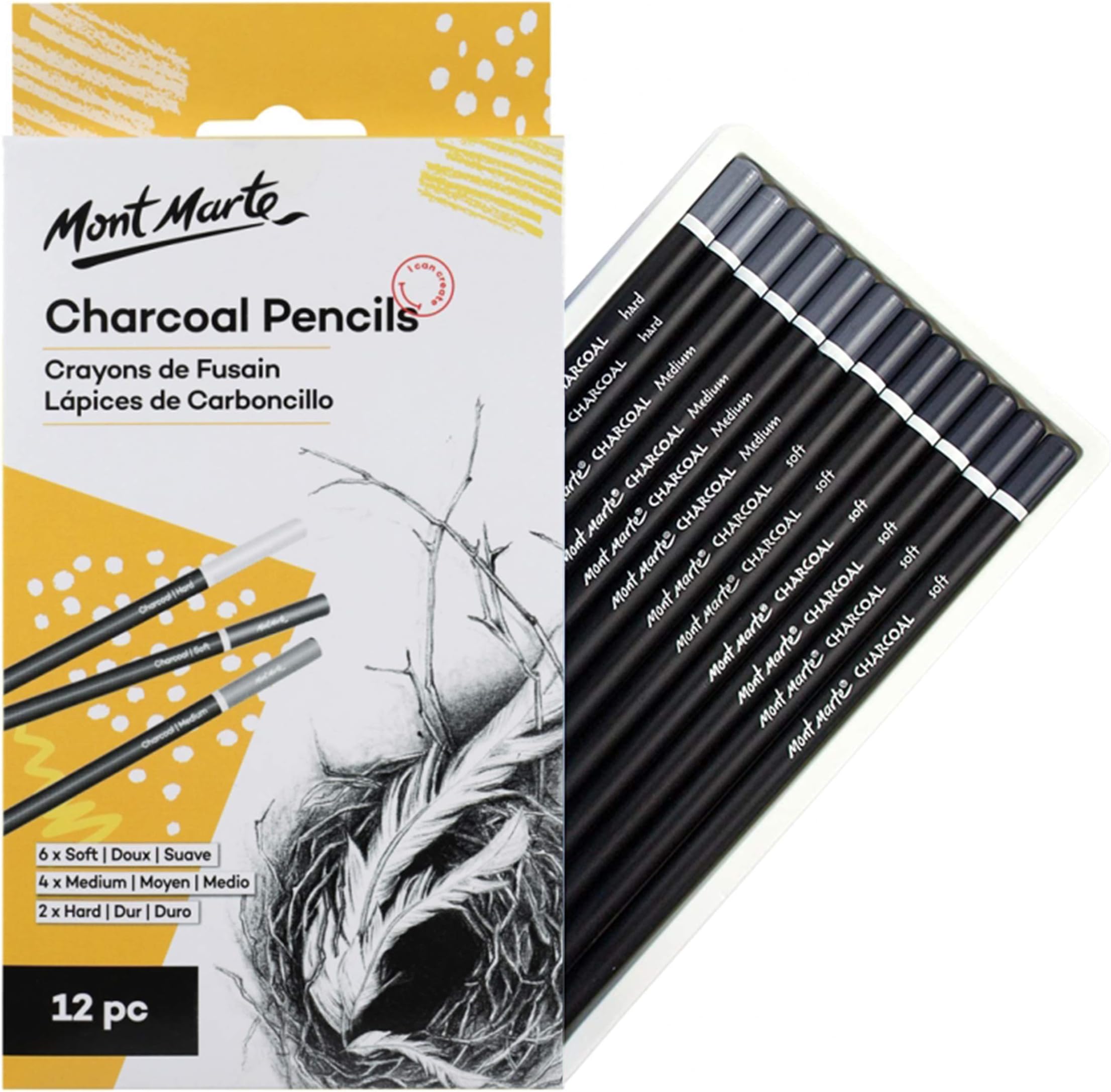 MONT MARTE Charcoal Pencil Set – 12 pcs - Charcoal Pencils for Art ...