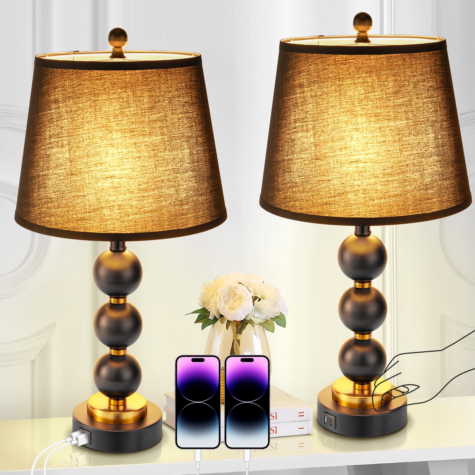 Table Lamps Set of 2 with USB Charging Ports 3-Way Dimmable Bedside ...