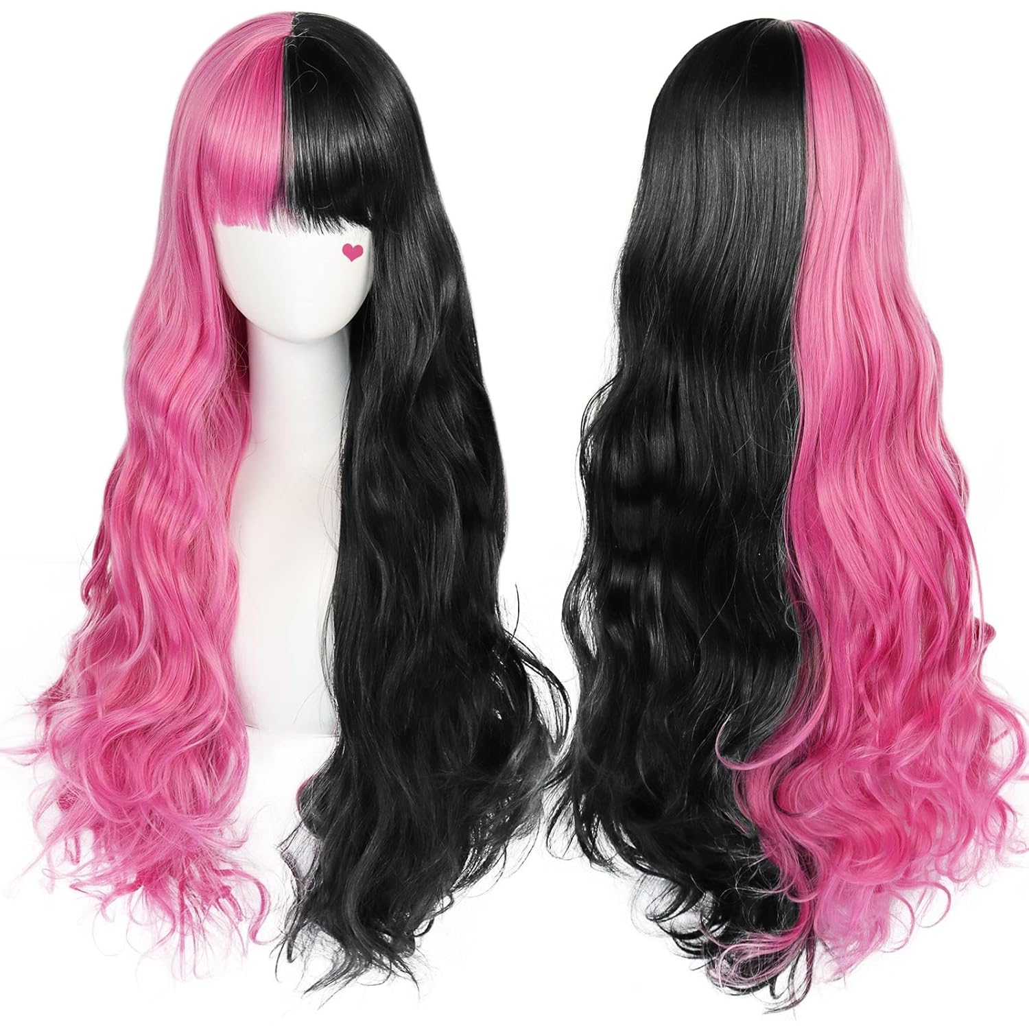 Amazon.com: ANOGOL Wig Cap+ Half Pink Half Black Wigs Long Wavy Split ...
