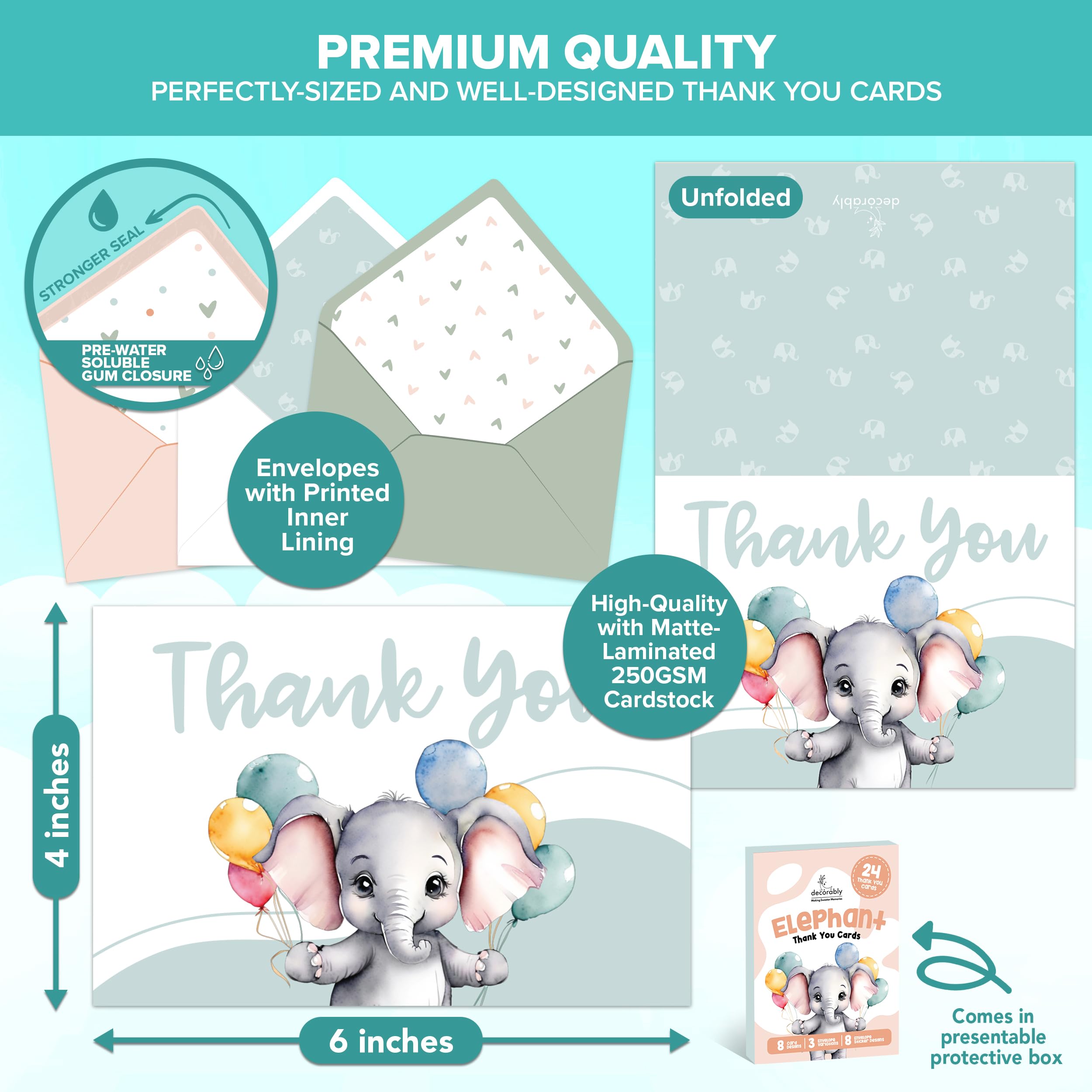 Snapklik.com : Decorably 24 Pack 6x4in Elephant Thank You Cards