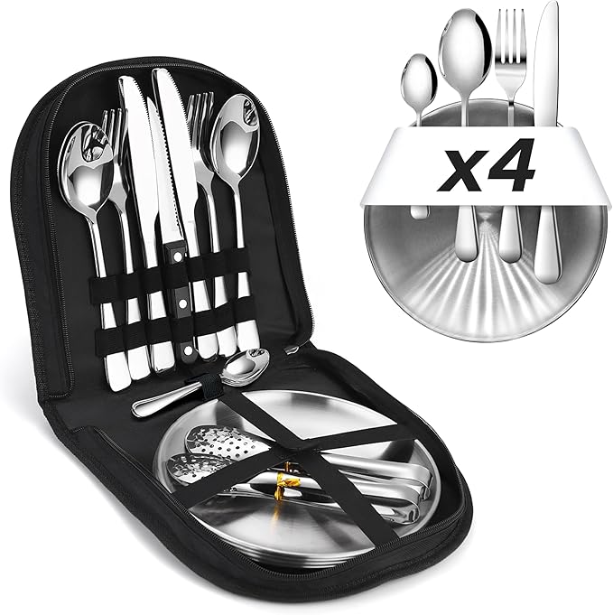 [Posateria 23 pezzi] Set di posate da Campeggio per 4 Persone. Borsa Portatile con Forchette ...