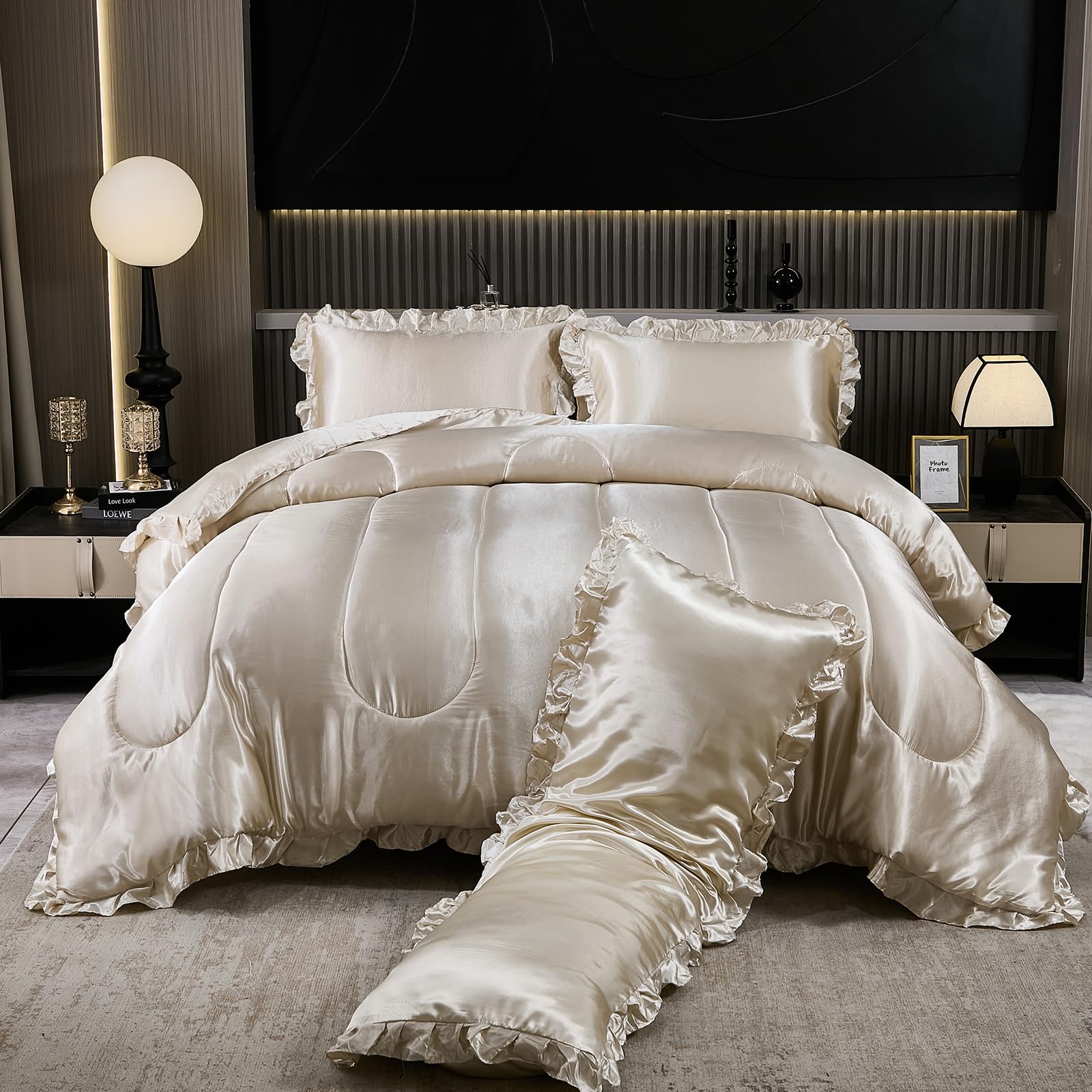 Amazon.com: Satin Queen Comforter Set Silk Like Satin Bedding Set Hotel ...