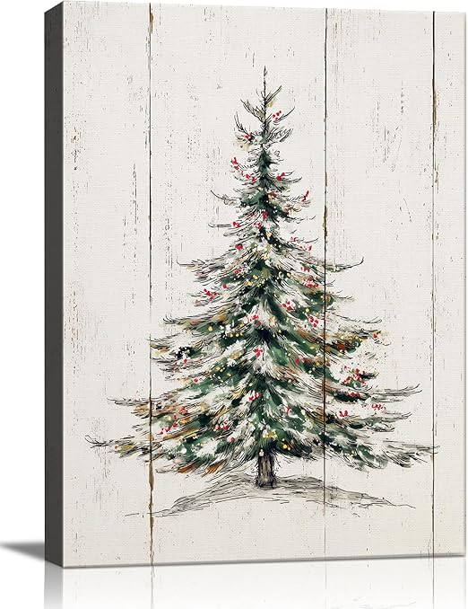 Amazon.com: Retro Christmas Tree Canvas Wall Art - Vintage Pine Forest ...