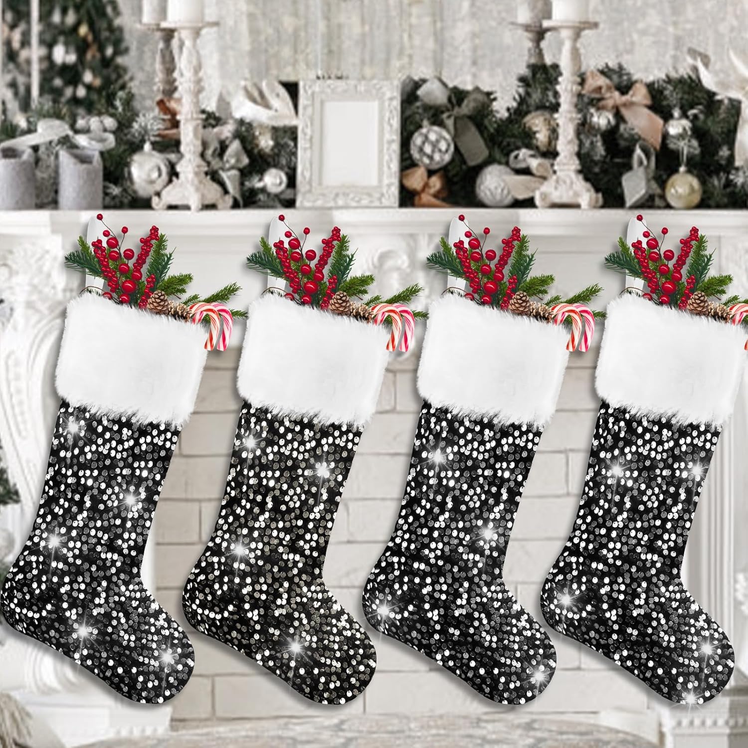 Amazon.com: DULEFUN Christmas Stockings 4pcs Large Silver Black Xmas ...