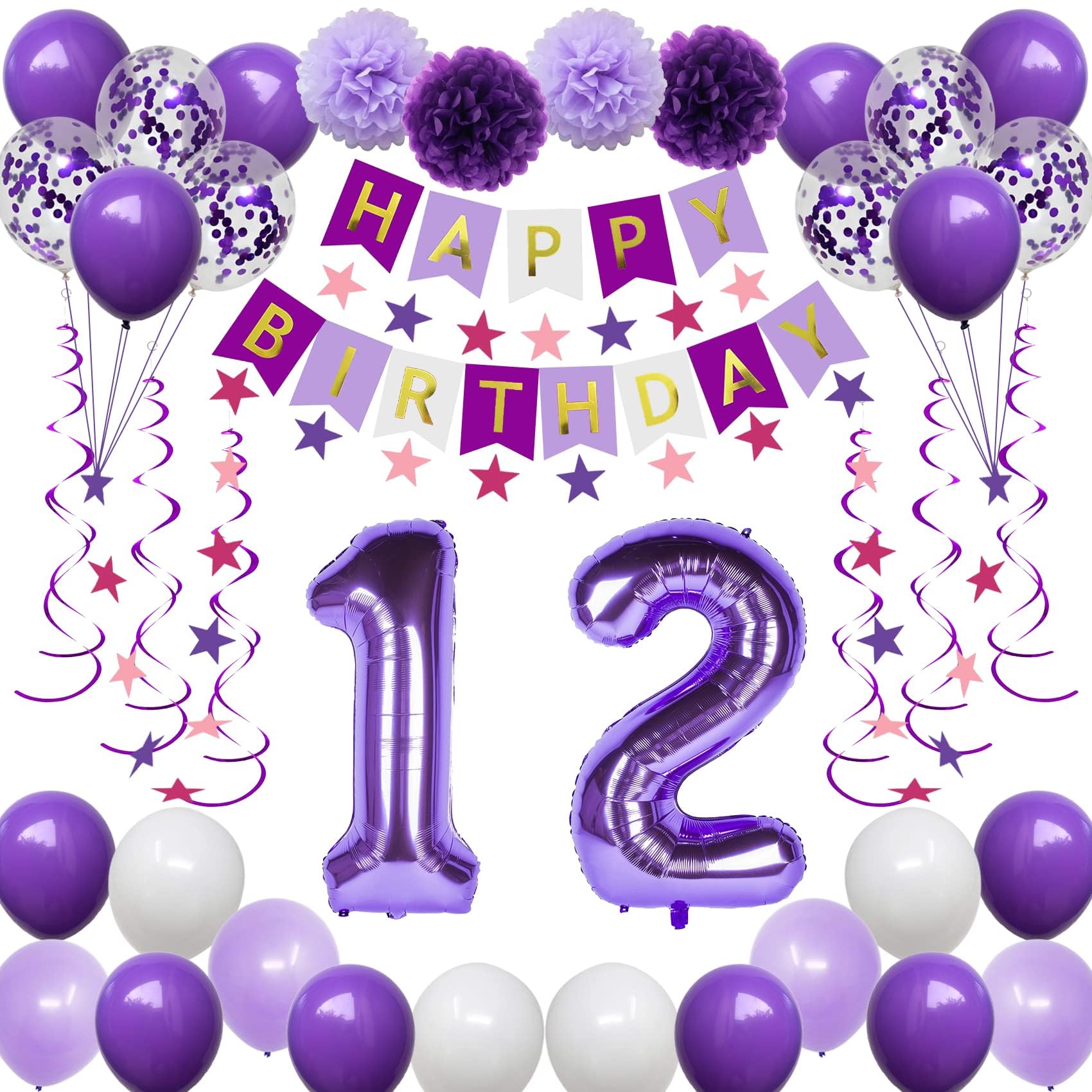 Amazon.com: NANINUNENO 12th Birthday Decorations for Girls, Purple 12 ...