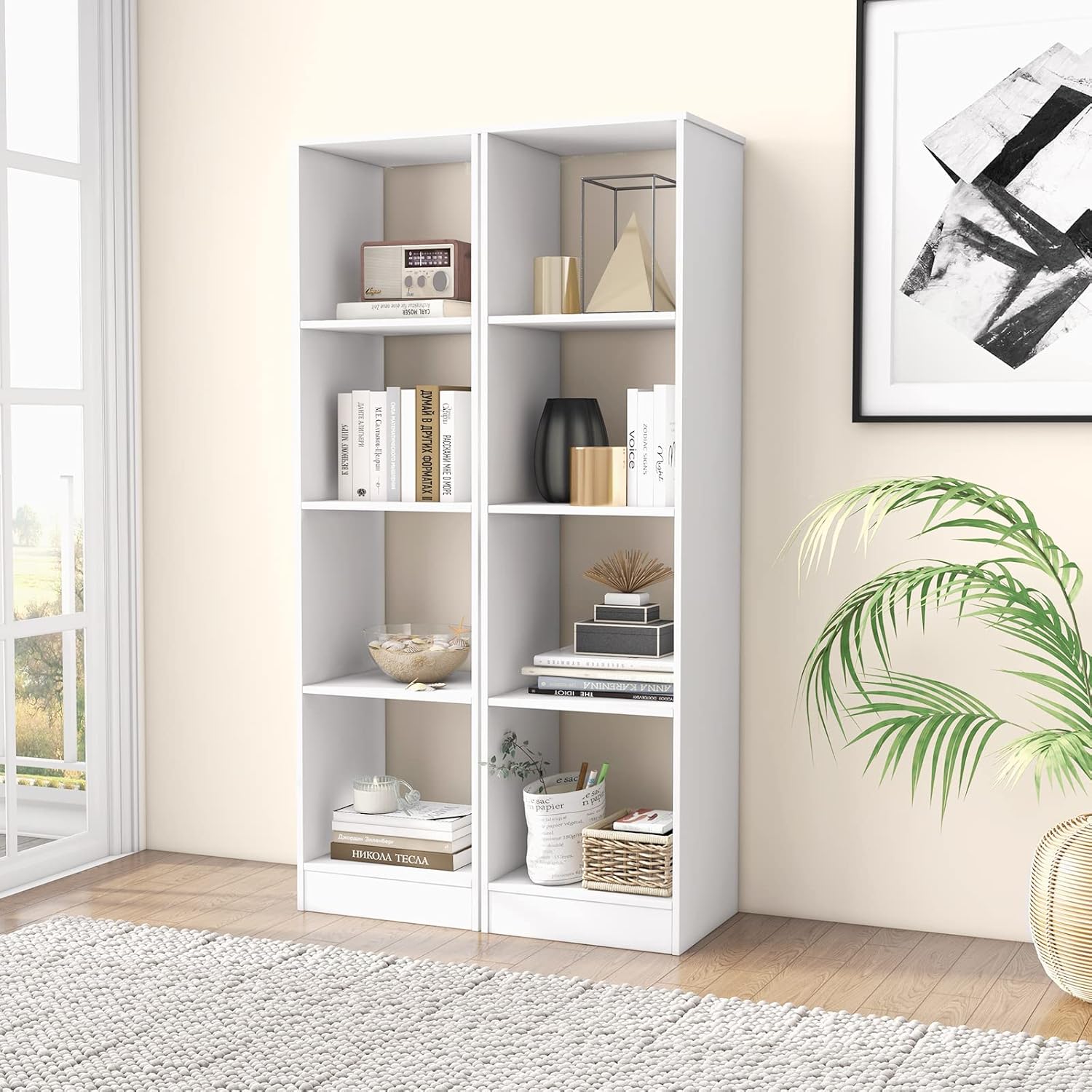 IFANNY White Bookshelf, Vertical Book Shelf with 4 Cubes, Modern ...