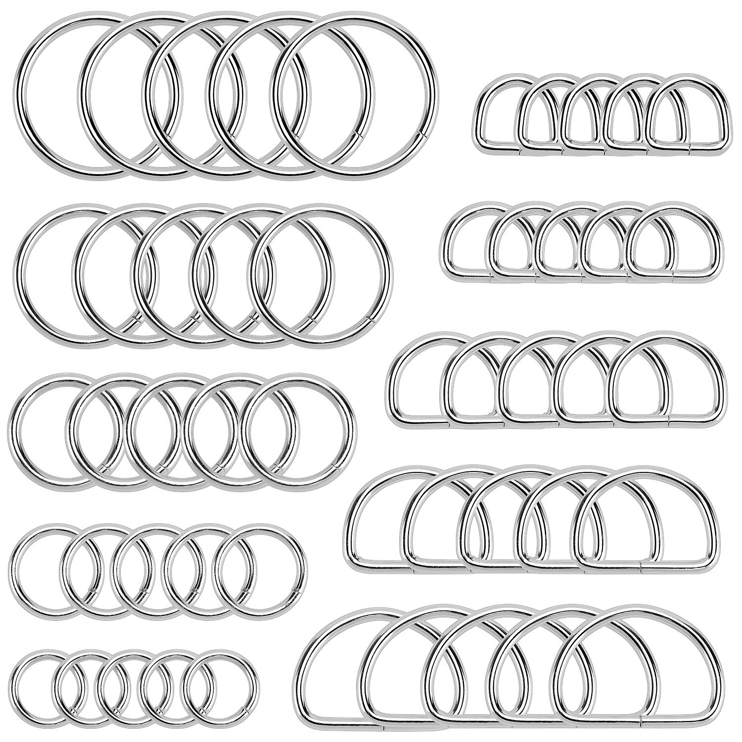 Hysagtek 50 pcs Metal O Ring and D Ring, Non-Welded Metal Rings Multi ...