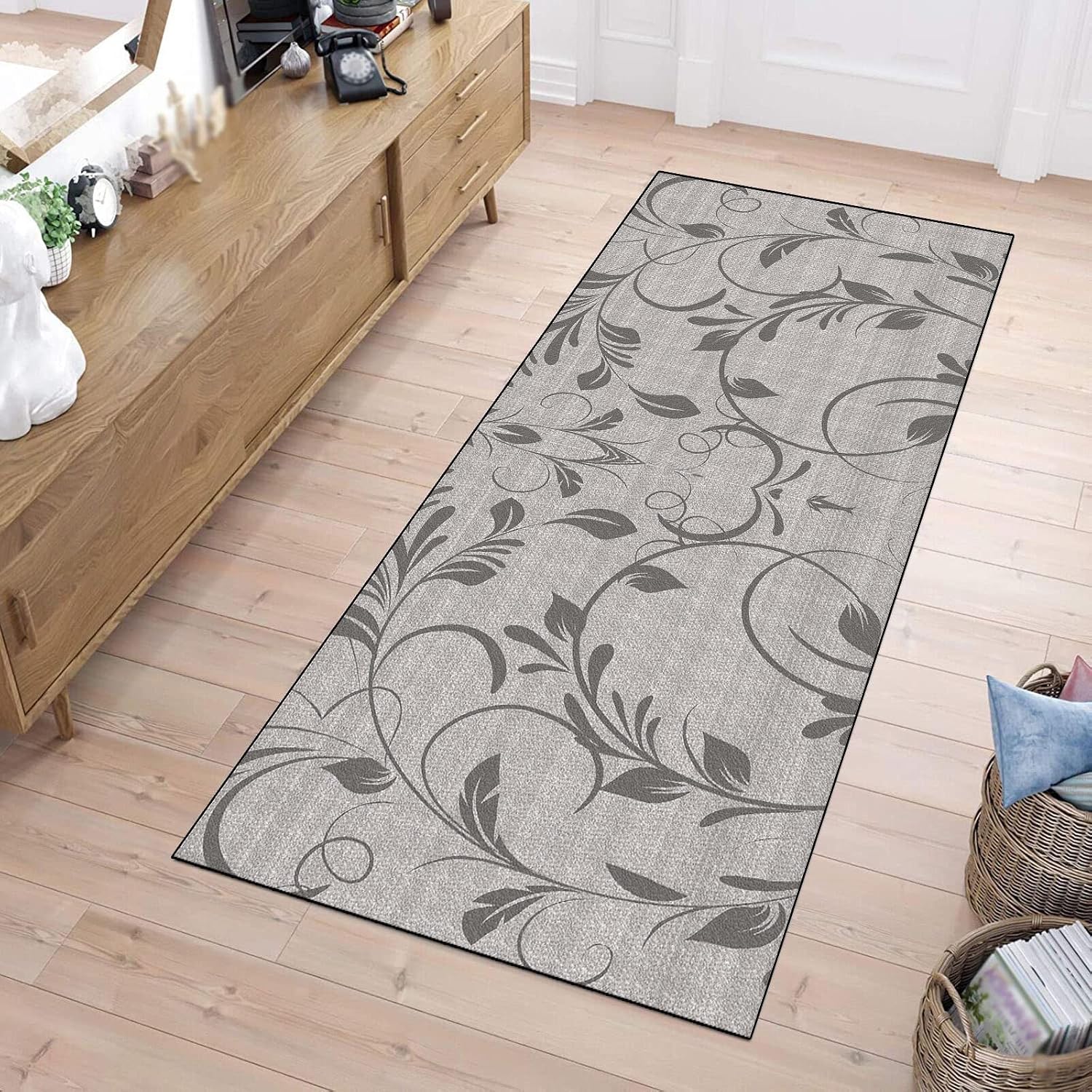 ZUZEKU Vloerkleed, loper, hal, keuken, grijs, bloemen, modern, antislip ...
