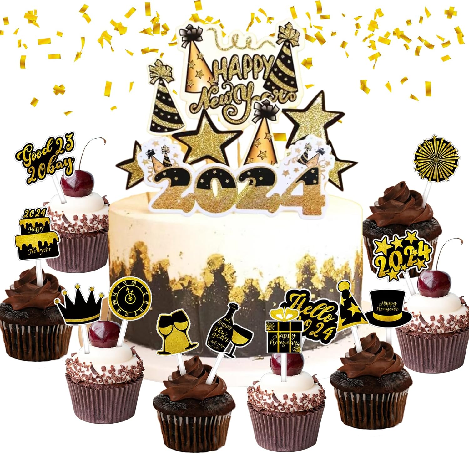 Happy New Year Cupcake Toppers Cake Topper Decorations,Black Gold ...