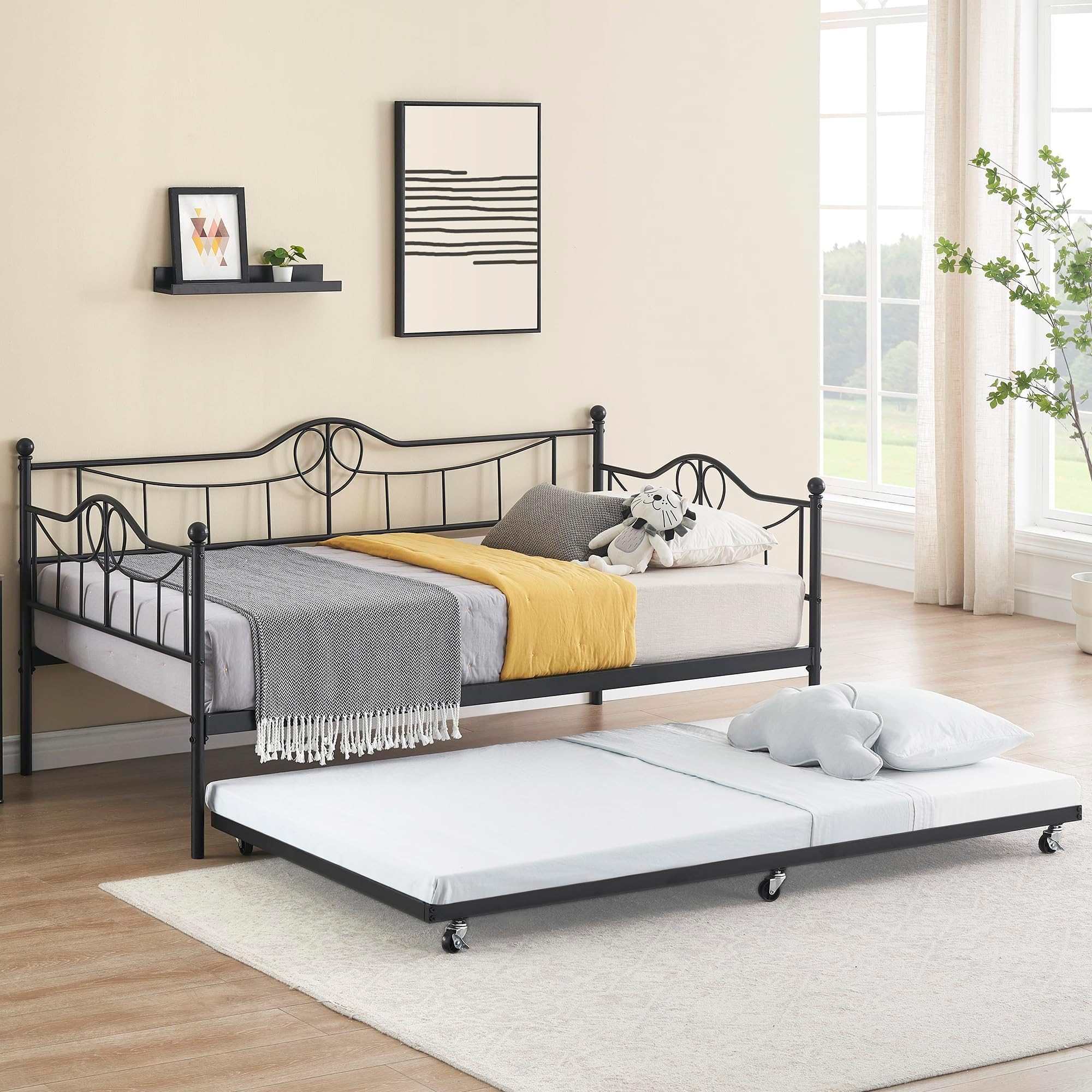 Amazon.com: Twin Daybed with Trundle, Modern Pull Out Day Bed Frame ...