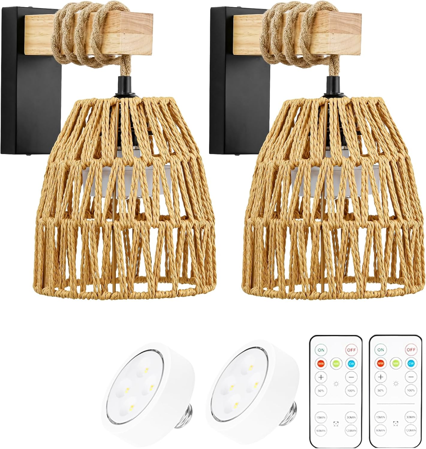 Battery Operated Wall Sconces, Set of 2 Rattan Boho Wireless Sconce ...