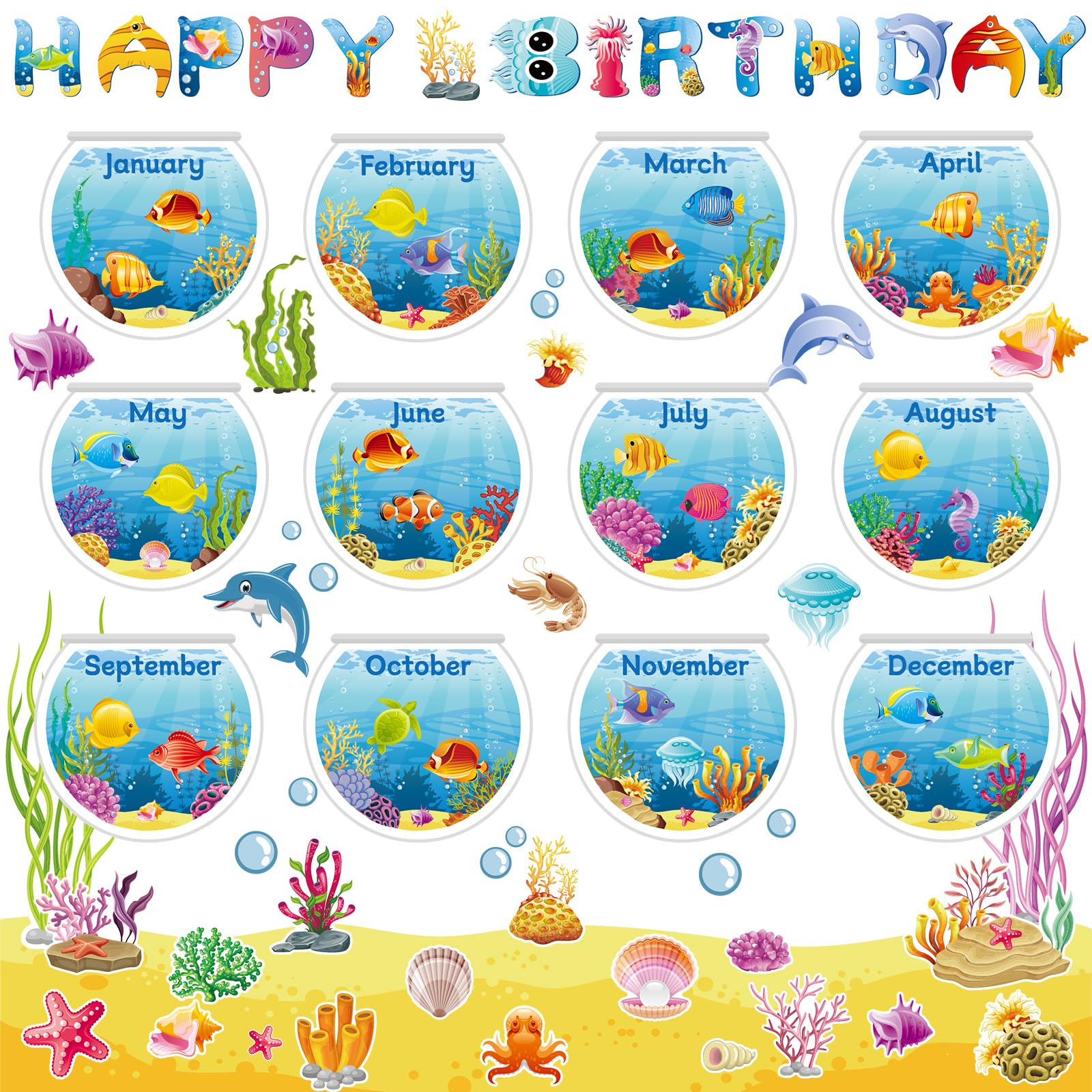 Amazon.com: 68PCS Happy Birthday Paper Bulletin Board Set Under The Sea ...