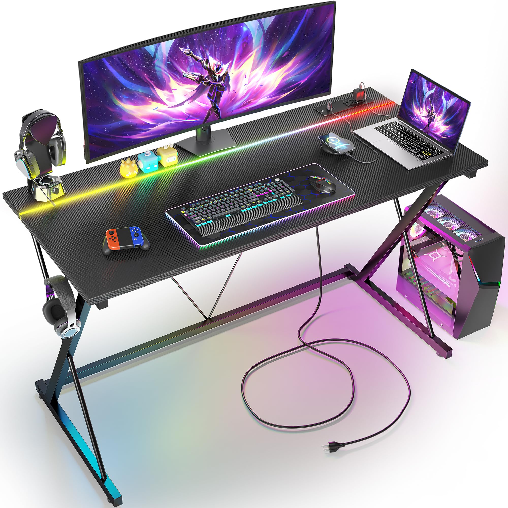 Amazon.com: TIQLAB Gaming Desk with Power Outlets & LED 47 Inch ...