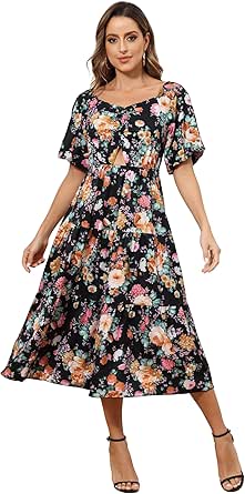 ROYAL MATRIX Women's Floral Smocked Maxi Dress Square Neck Short Puff ...