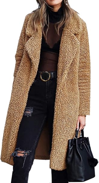 Angashion Fuzzy Fleece Lapel Open Front Long Cardigan Coat Faux Fur ...