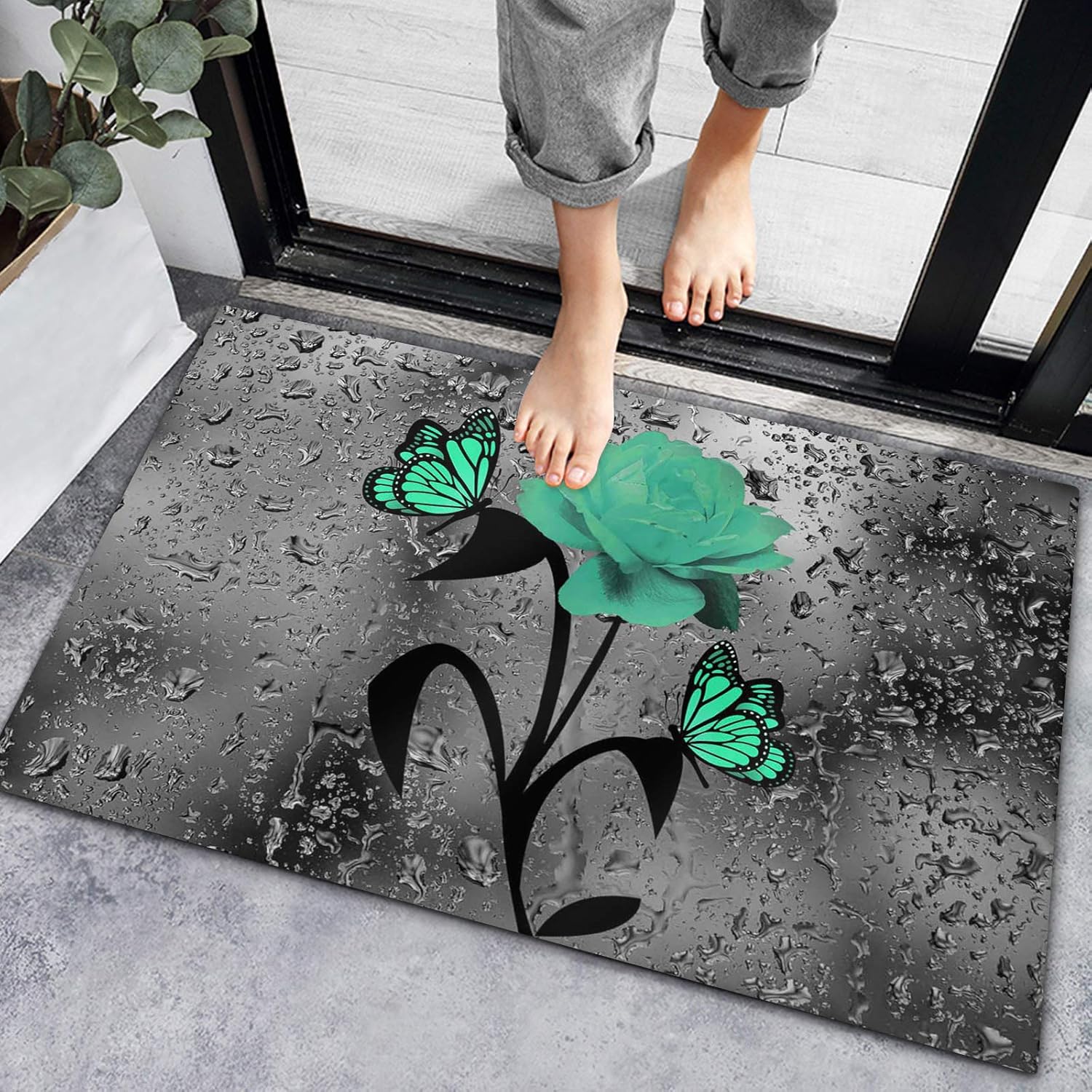 Amazon.com: Front Doormat Rubber Backing Non-Slip Floor Mats Green Rose ...