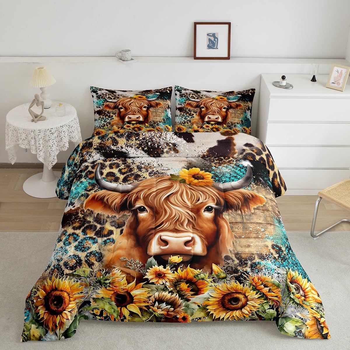 Amazon.com: Feelyou Kids Cow Fur Comforter Set Queen Size Highland Cow Bedding Set for Boys ...