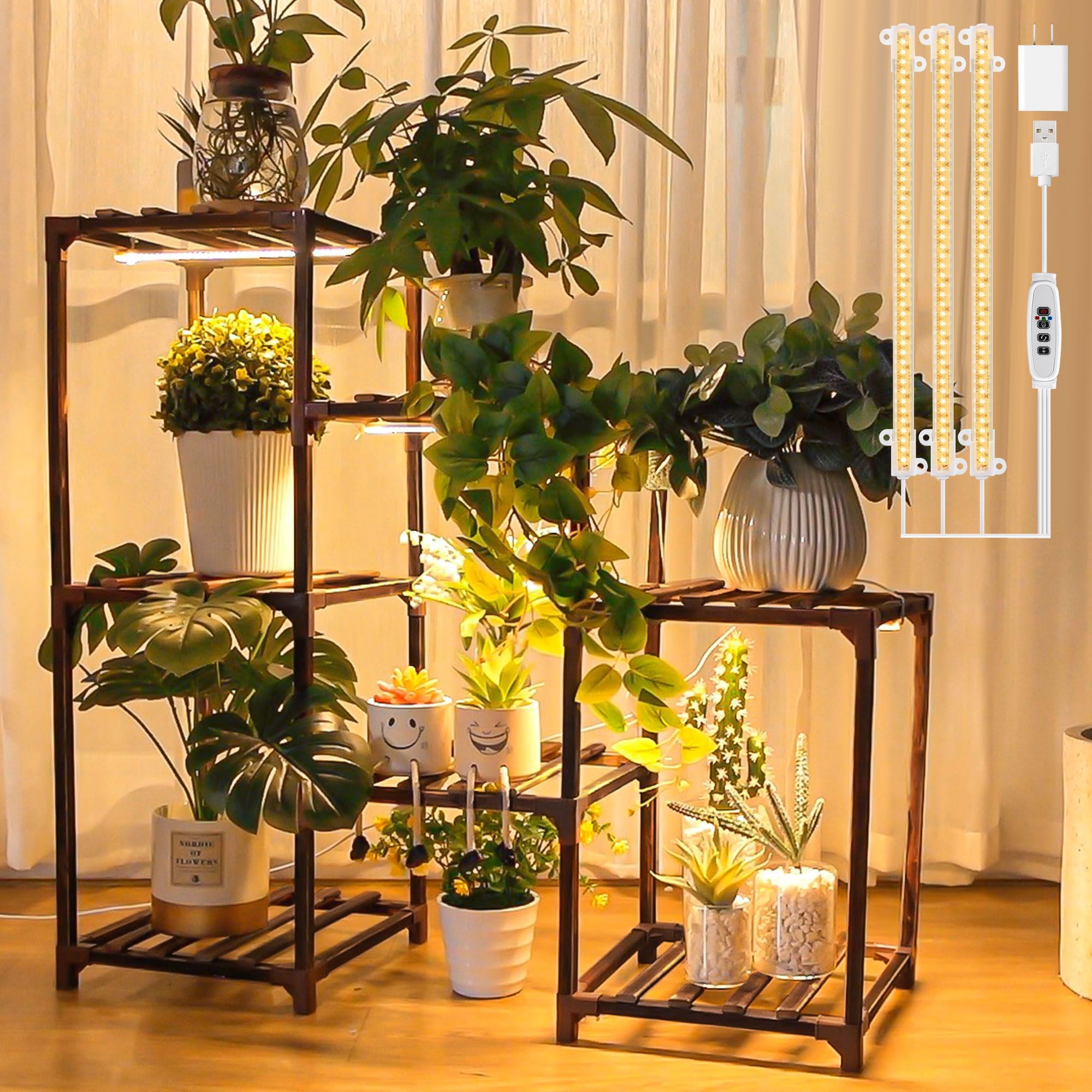 Amazon.com: Dreyoo Plant Stand with Grow Lights, Wood Plant Shelf with ...