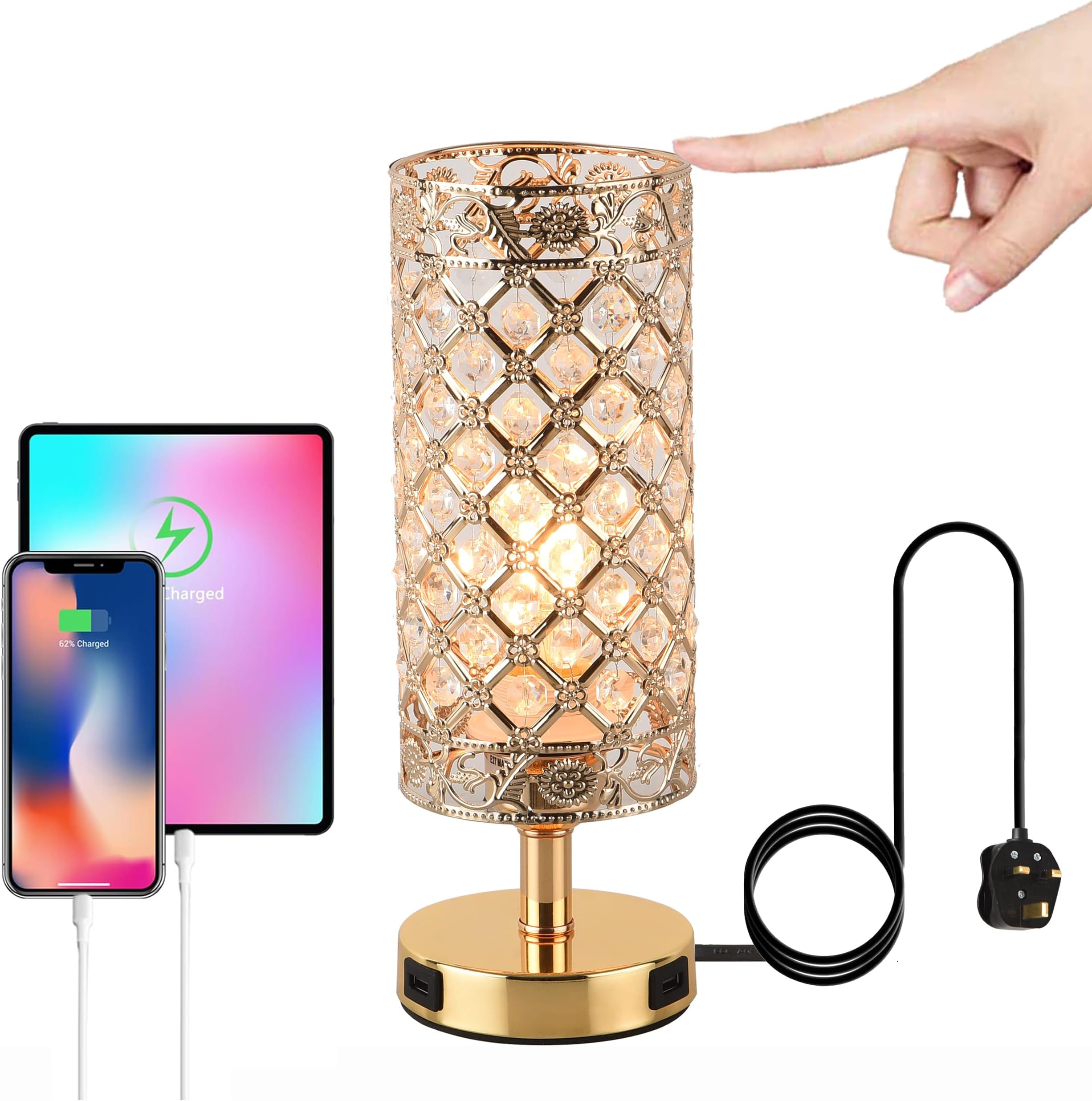 JHYPVII Touch Crystal Table Lamps for Bedroom, Gold Bedside Lamps with ...