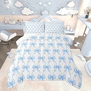 Amazon.com: Feelyou Blue Bow Comforter Set Twin Size Cute Bowknot ...