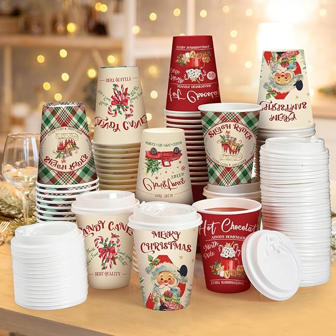 Amazon.com: Gerrii 100 Set Christmas Paper Cups Disposable 12 oz with ...