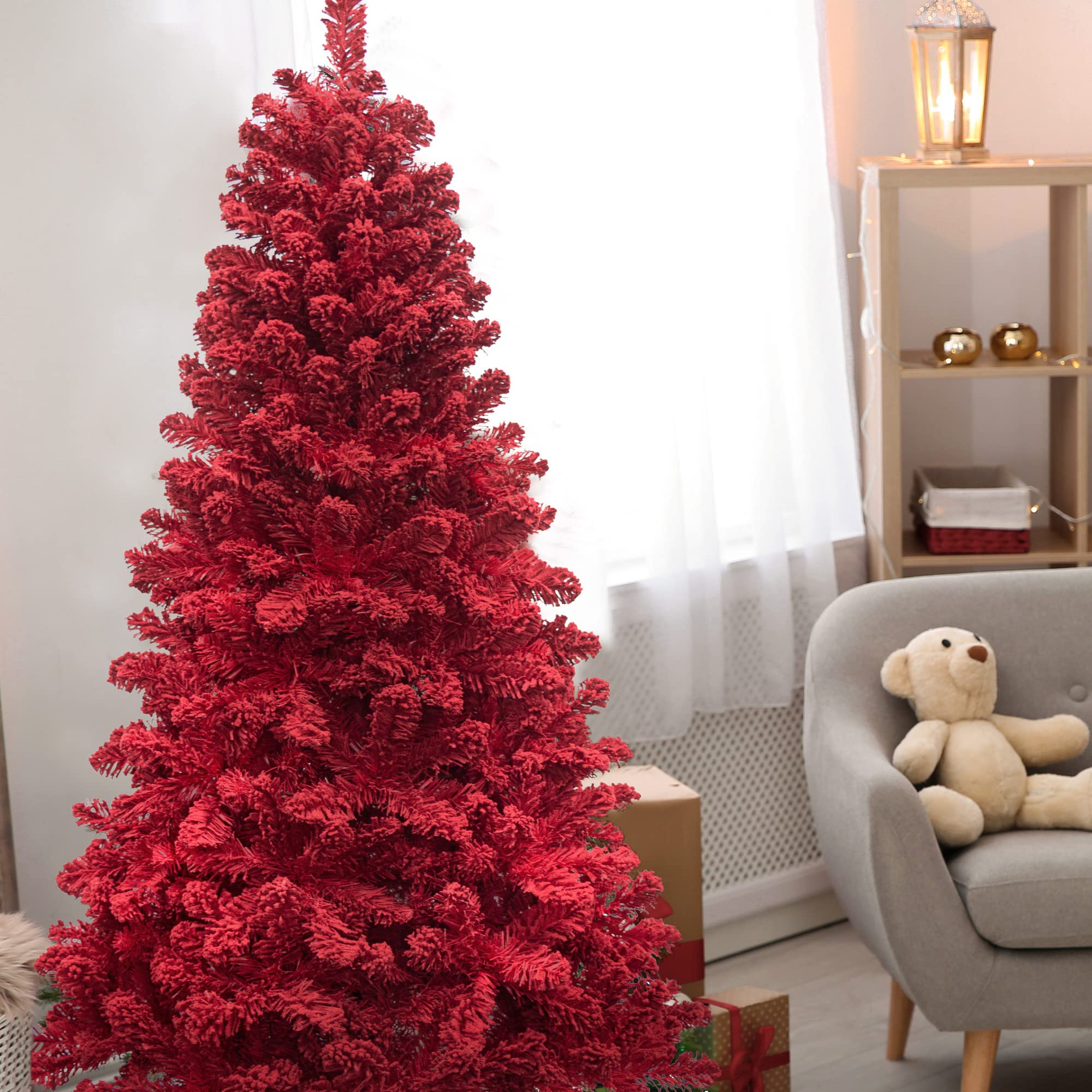 KI Store Flocked Red Christmas Tree 6ft Artificial Christmas Tree with ...