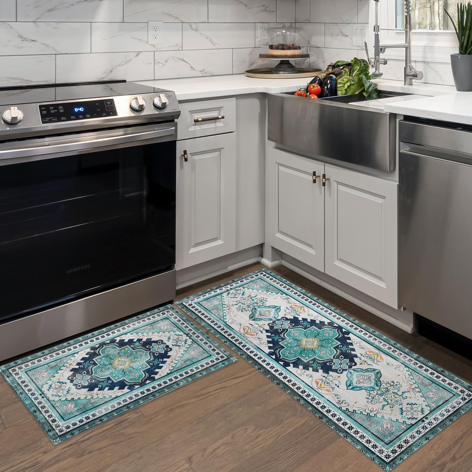 Amazon.com: Teal Boho Kitchen Mats for Floor, Green Blue Turquoise ...