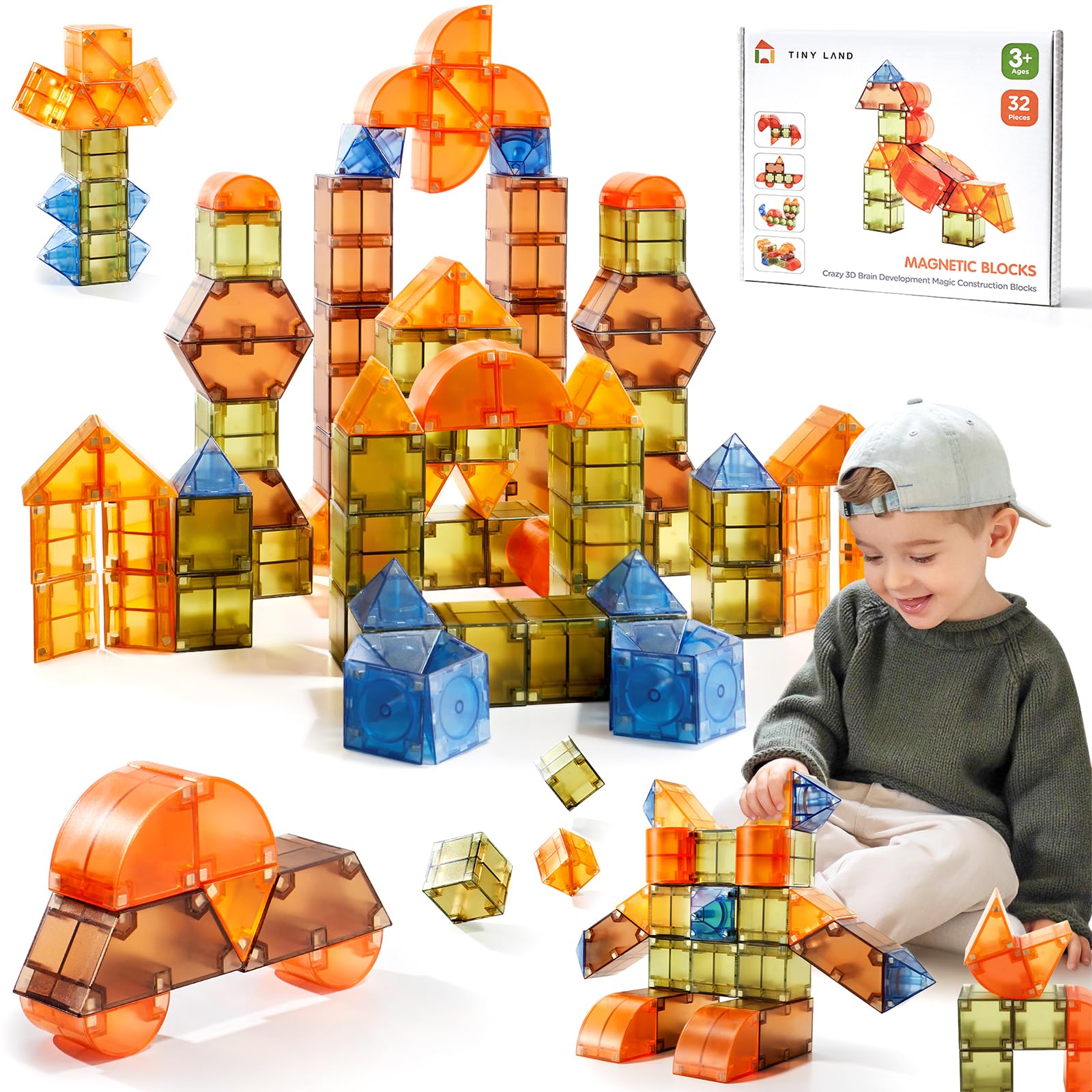 Amazon.com: Tiny Land Magnetic Tiles Blocks 32 PCS, Magnetic Building ...