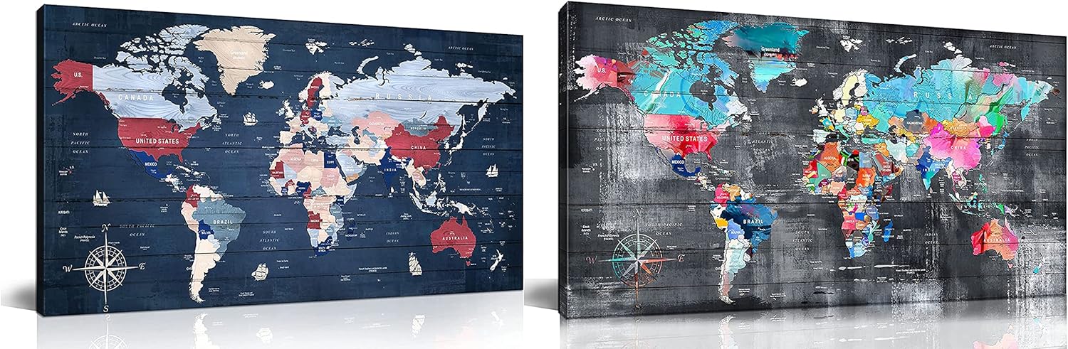 Amazon.com: Blue World Map Wall-Art For Office - Large World Maps For ...