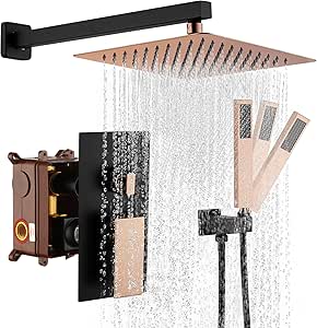 MONDAWE 10 Inch Wall Mounted Shower Faucet Set in Black Golden, Luxury Rainfall Shower Head and ...
