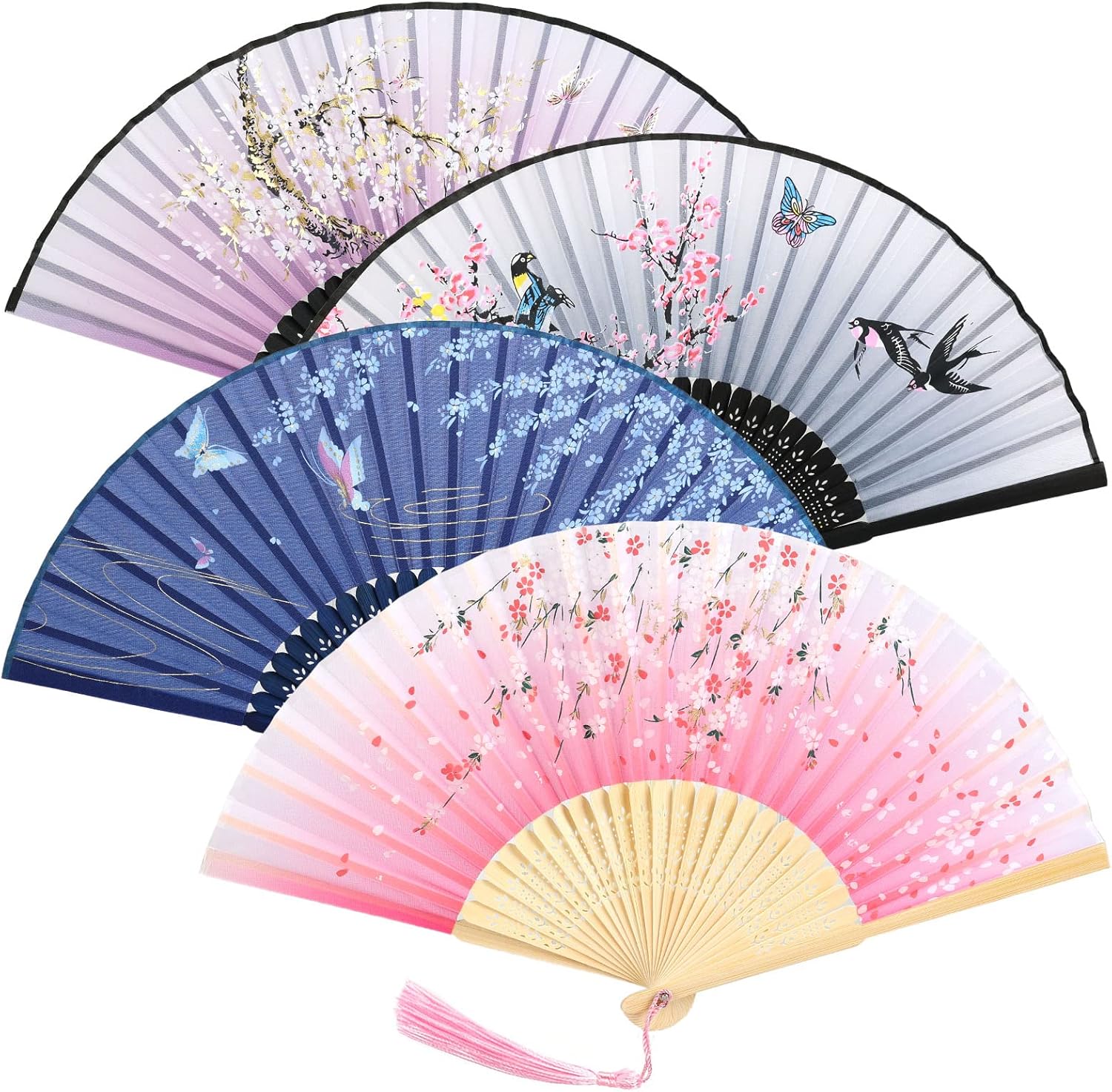 Lyneun 4 Pieces Folding Fans Handheld, Silk Fabric Folding Hand Fans ...