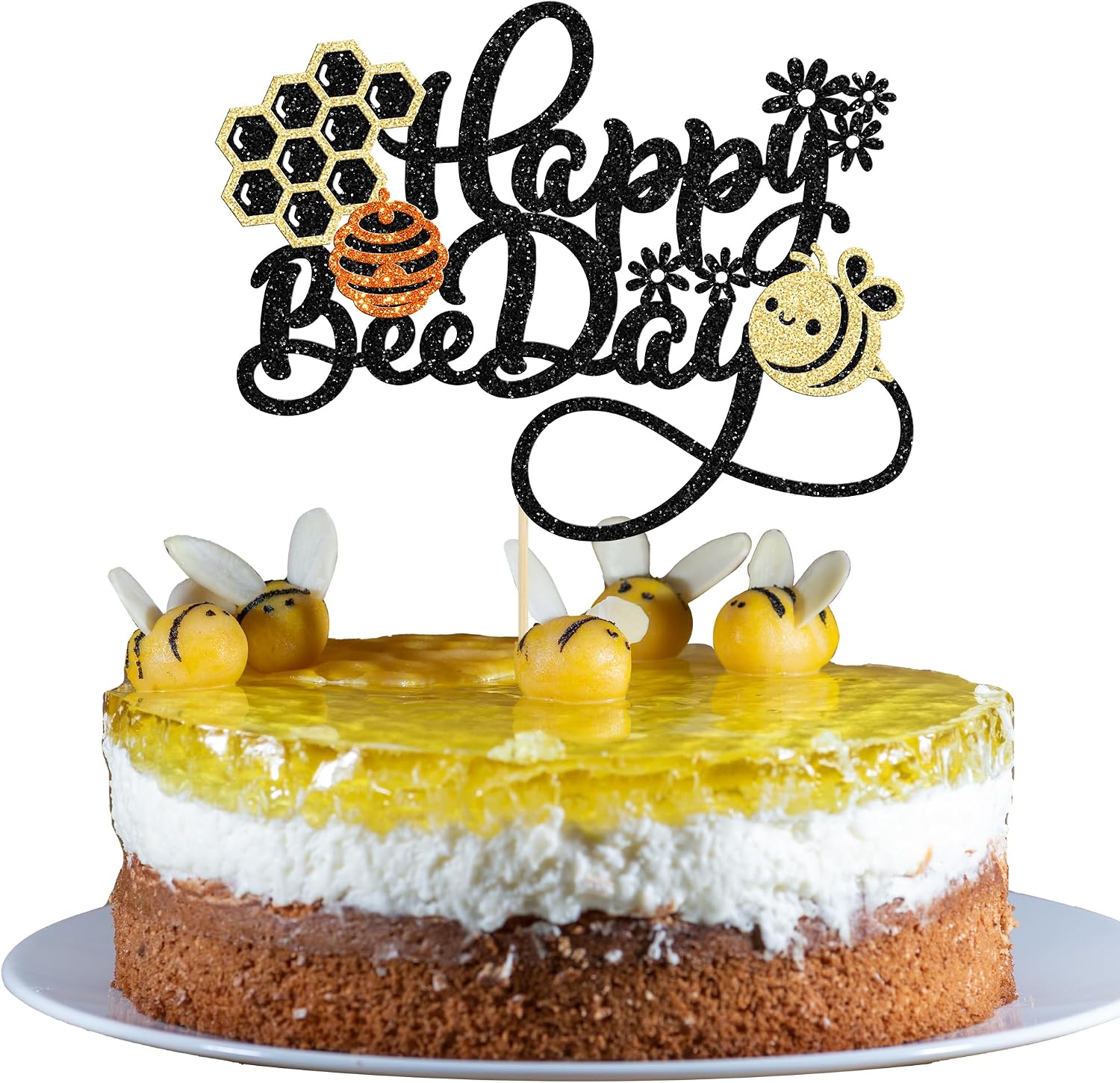 Gyufise 1Pcs Happy Bee Day Cake Topper with Flower Honeycomb Glitter ...