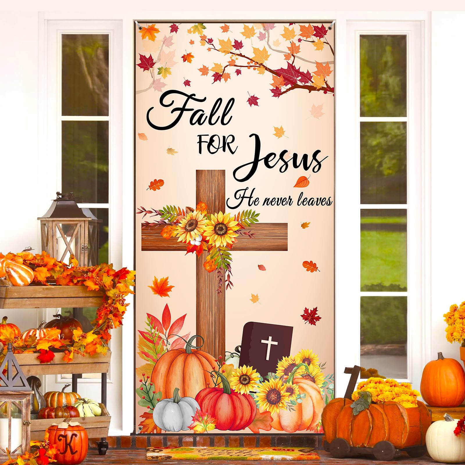 Christian Fall Leaves Banner Autumn Faux Foil Style TRE 3 Ft X 9 Ft