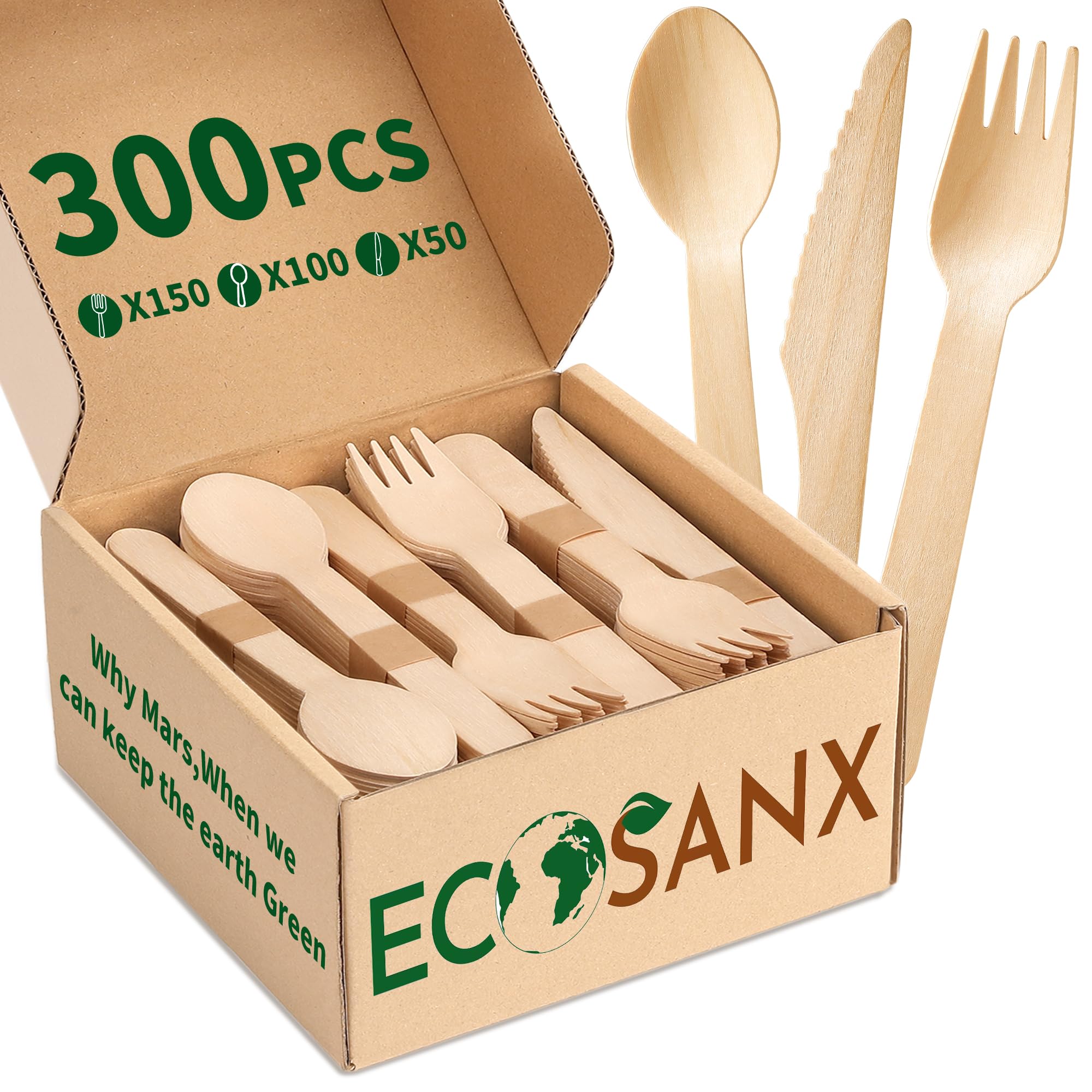 Amazon.com: ECOSANX® 300 PCs Disposable Wooden Cutlery set 6.5 ...