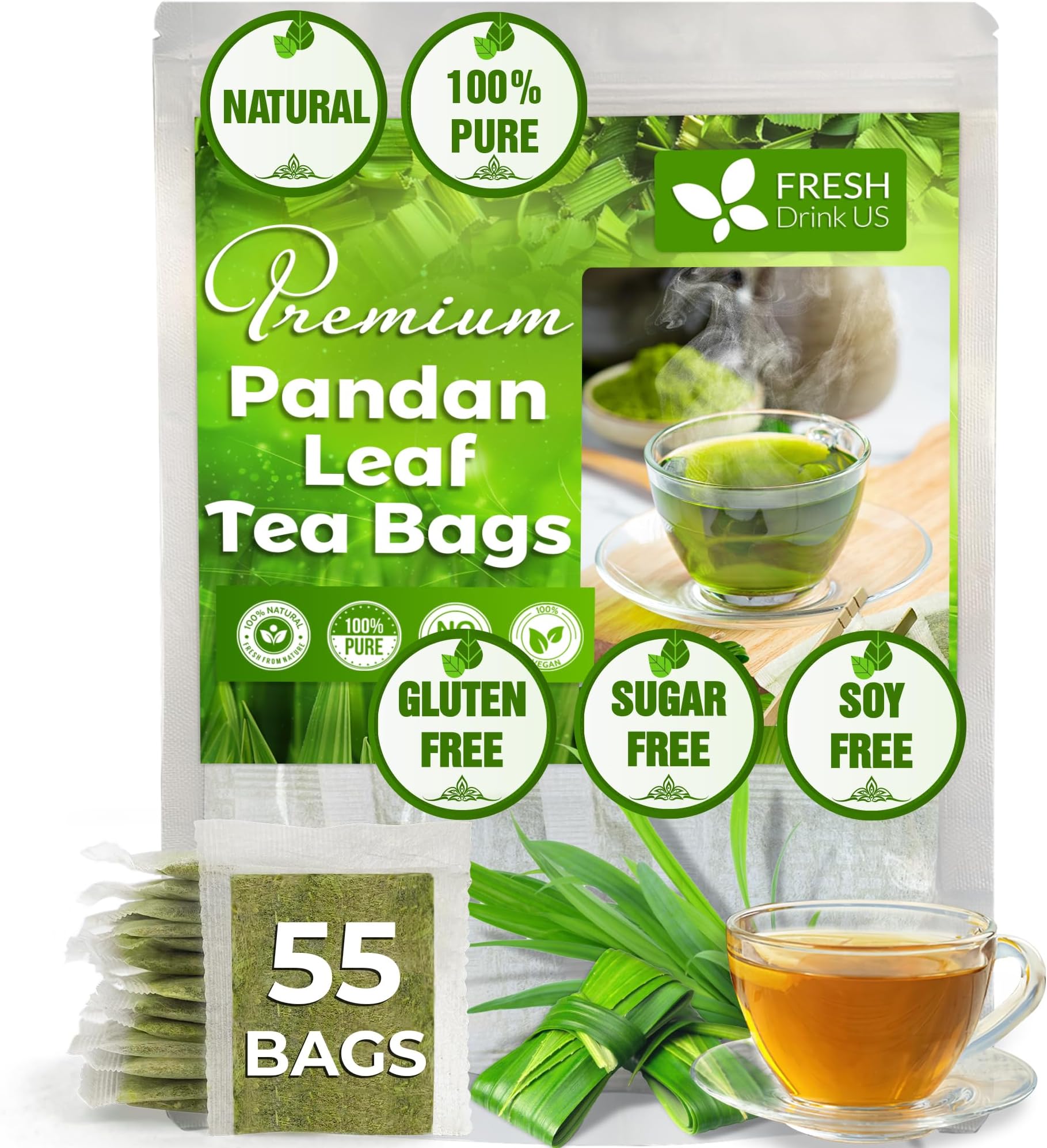 Amazon.com : FreshDrinkUS, Premium 55 Pandan Leaf Tea Bags, 100% ...