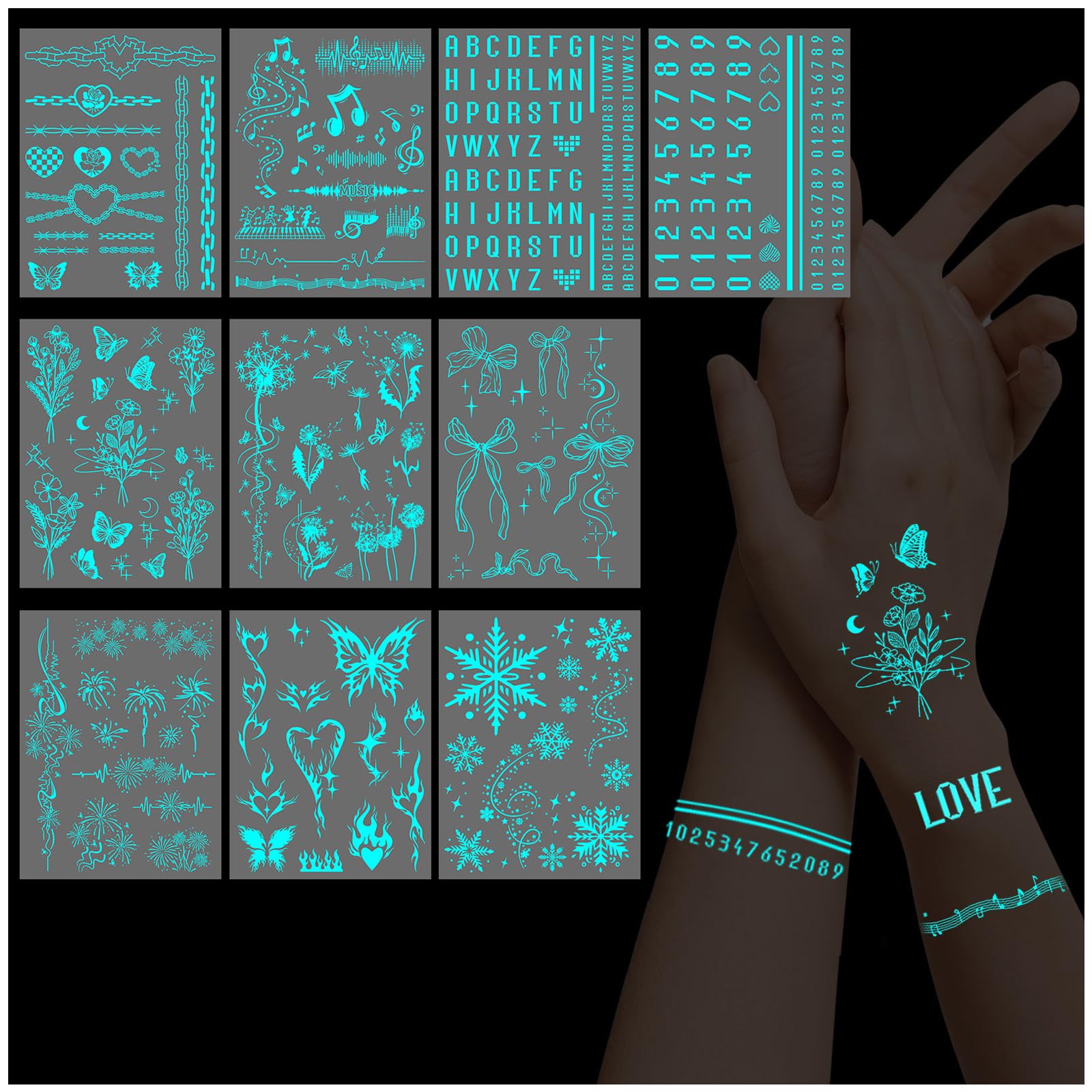 Amazon.com : Konsait 10 Sheets Glow in the Dark Tattoos Temporary ...