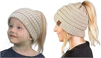 Funky Junque Matching 2 Pack Mommy & Me Messy Bun Ponytail Winter Knit Hat - Adult/Toddler ...