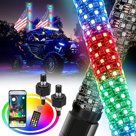 BraveWAY 1FT Spiral Fat Whip Lights with [Bluetooth] [App Control] [200 Modes] [300 Colors] [RF ...