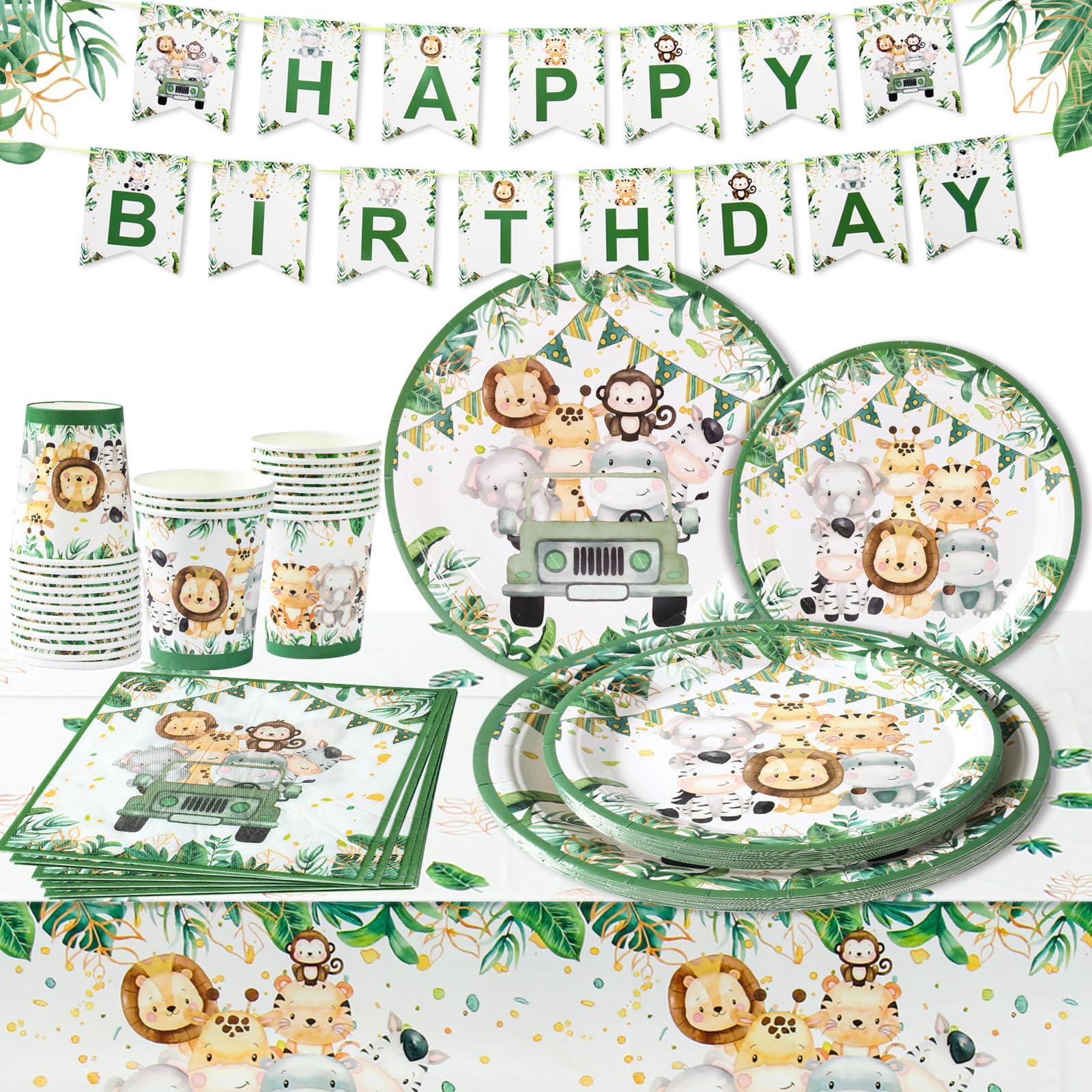 Amazon.com: 96 Pcs Jungle Zoo theme Tableware Set Green Animals Theme ...