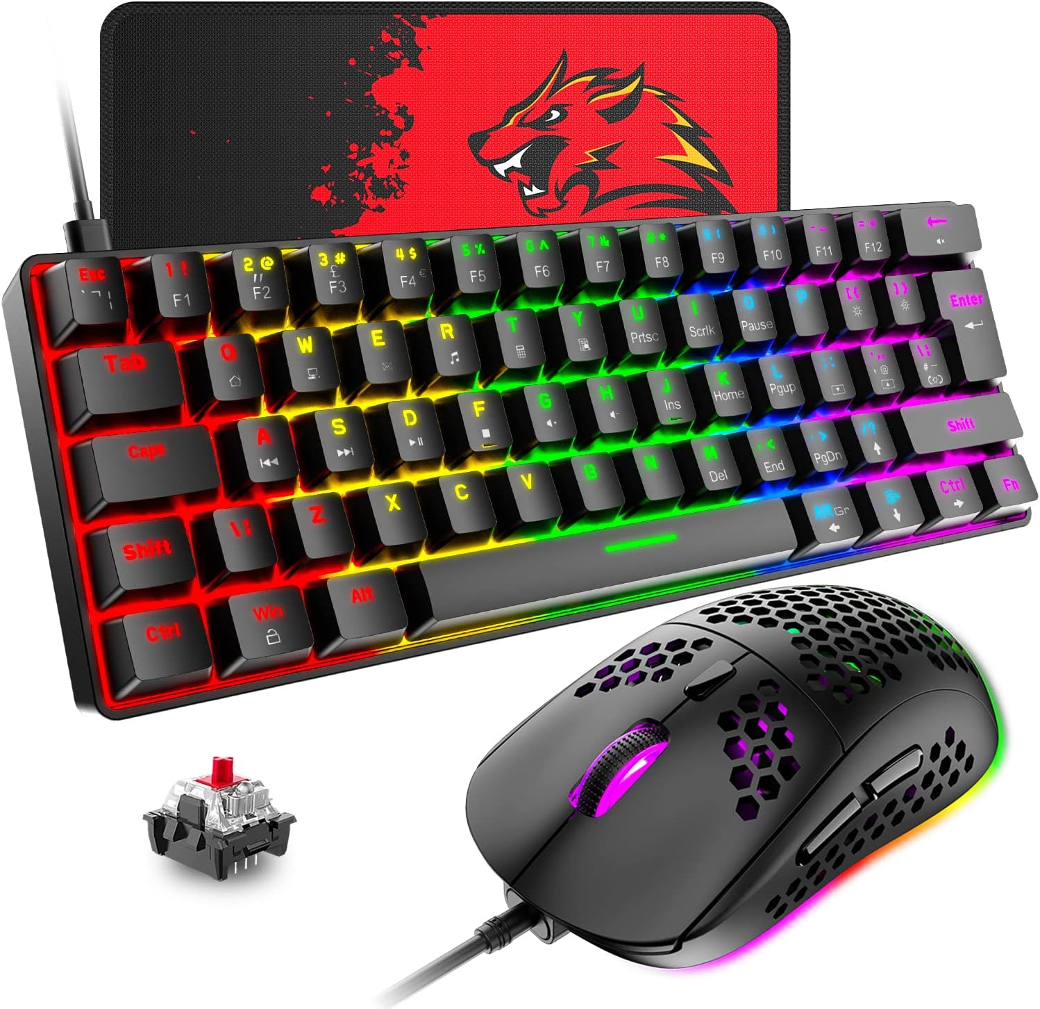 T60 UK Layout 60% Mechanical Keyboard and Mouse Set, Compact 62 Keys ...