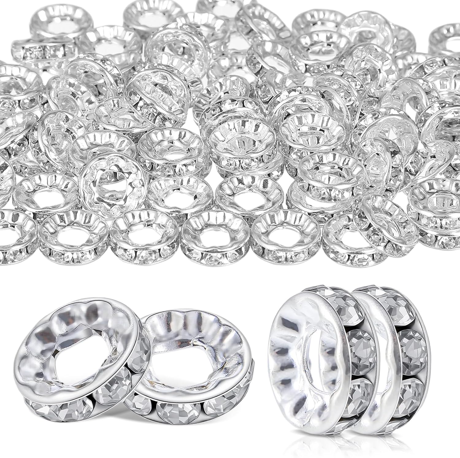 Amazon.com: 100 PCS Large Hole Rhinestone Spacer Beads, Silver Rondelle ...