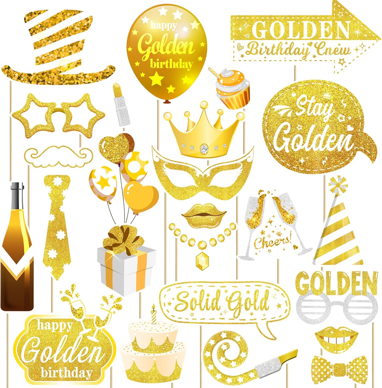 Amazon.com: 25 Pcs Golden Birthday Photo Booth Props Kit - Gold Glitter ...