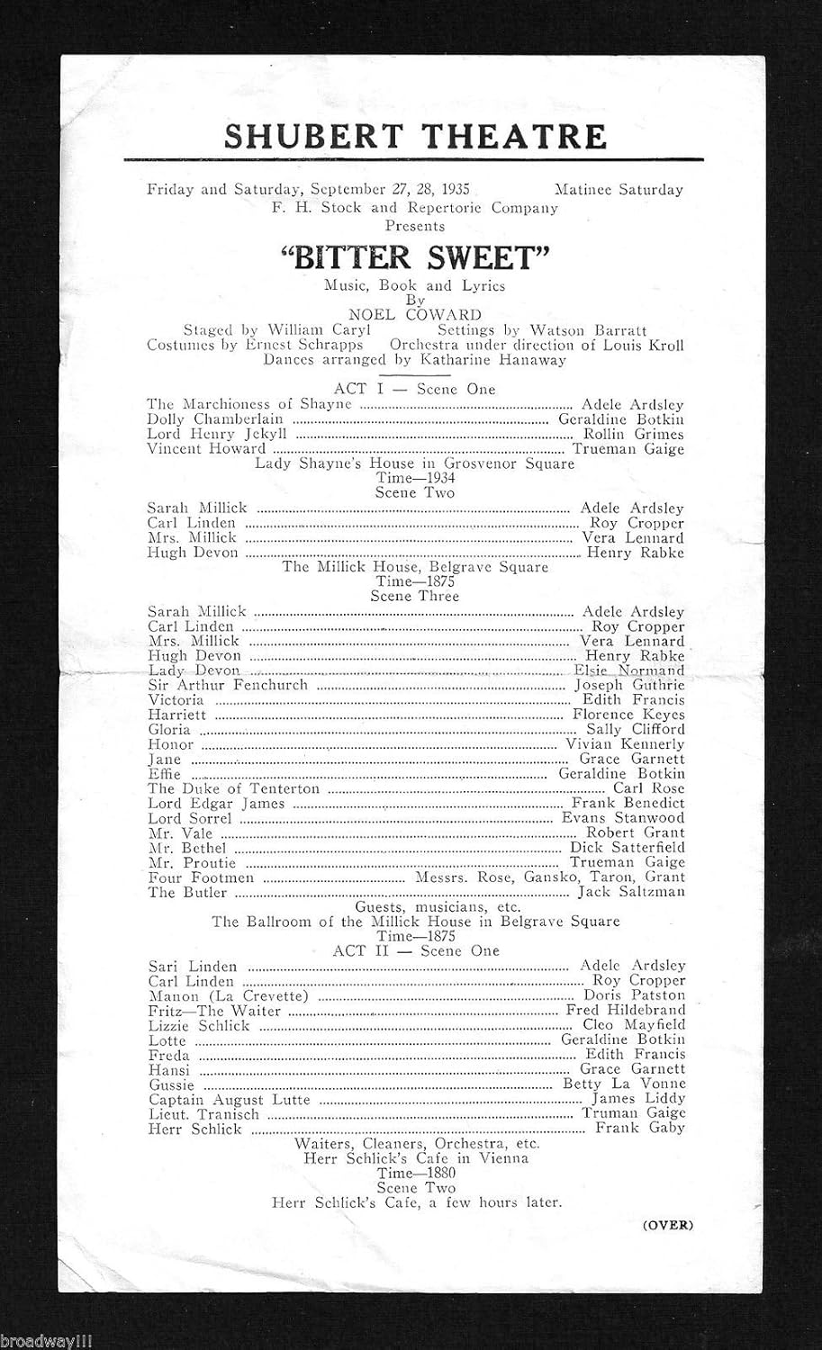 Noel Coward's "BITTER SWEET" Trueman Gaige / Cleo Mayfield 1935 Boston ...