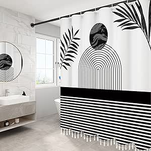 Amazon.com: GiuMsi 72"X72" Black and White Boho Shower Curtain Sets,Tassel, Sun, Modern Leaves ...