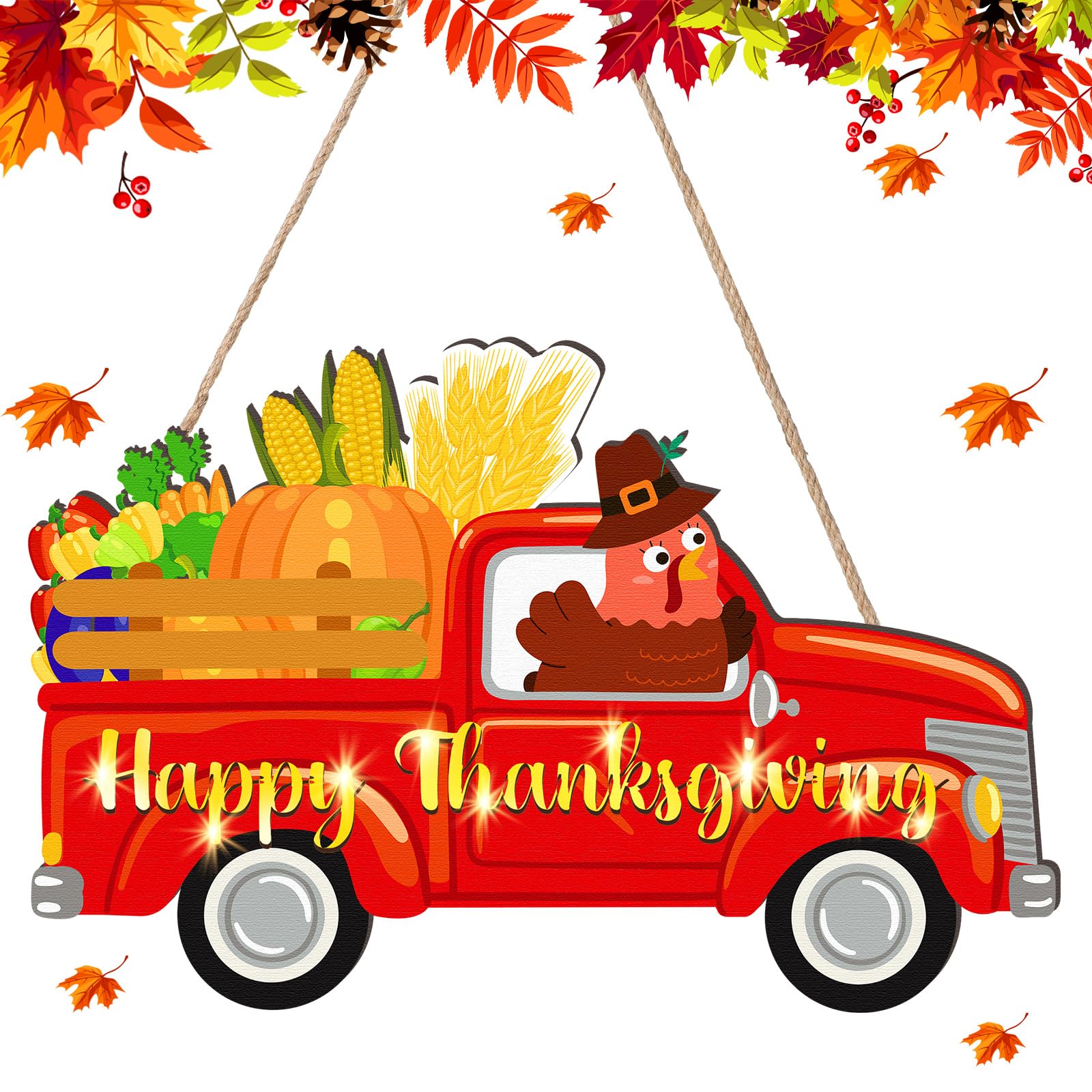 Kigley Thanksgiving Lighted Truck Sign 11.8 Inch Wooden Turkey Truck ...