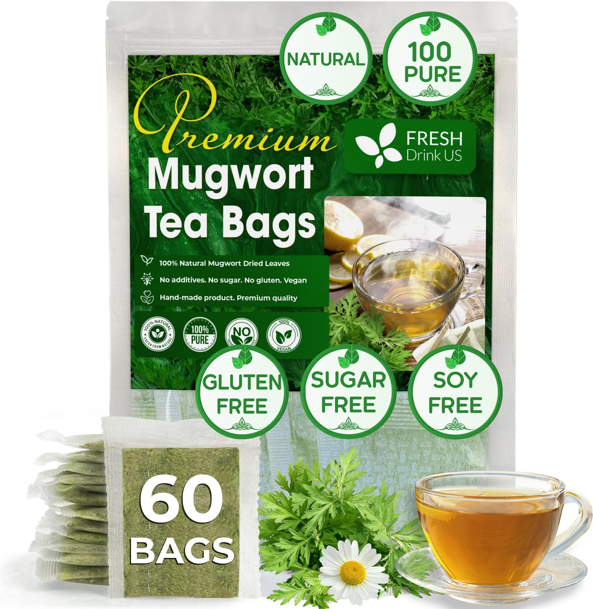Amazon.com : FreshDrinkUS, Premium 60 Mugwort Leaf Tea Bags, 100% ...