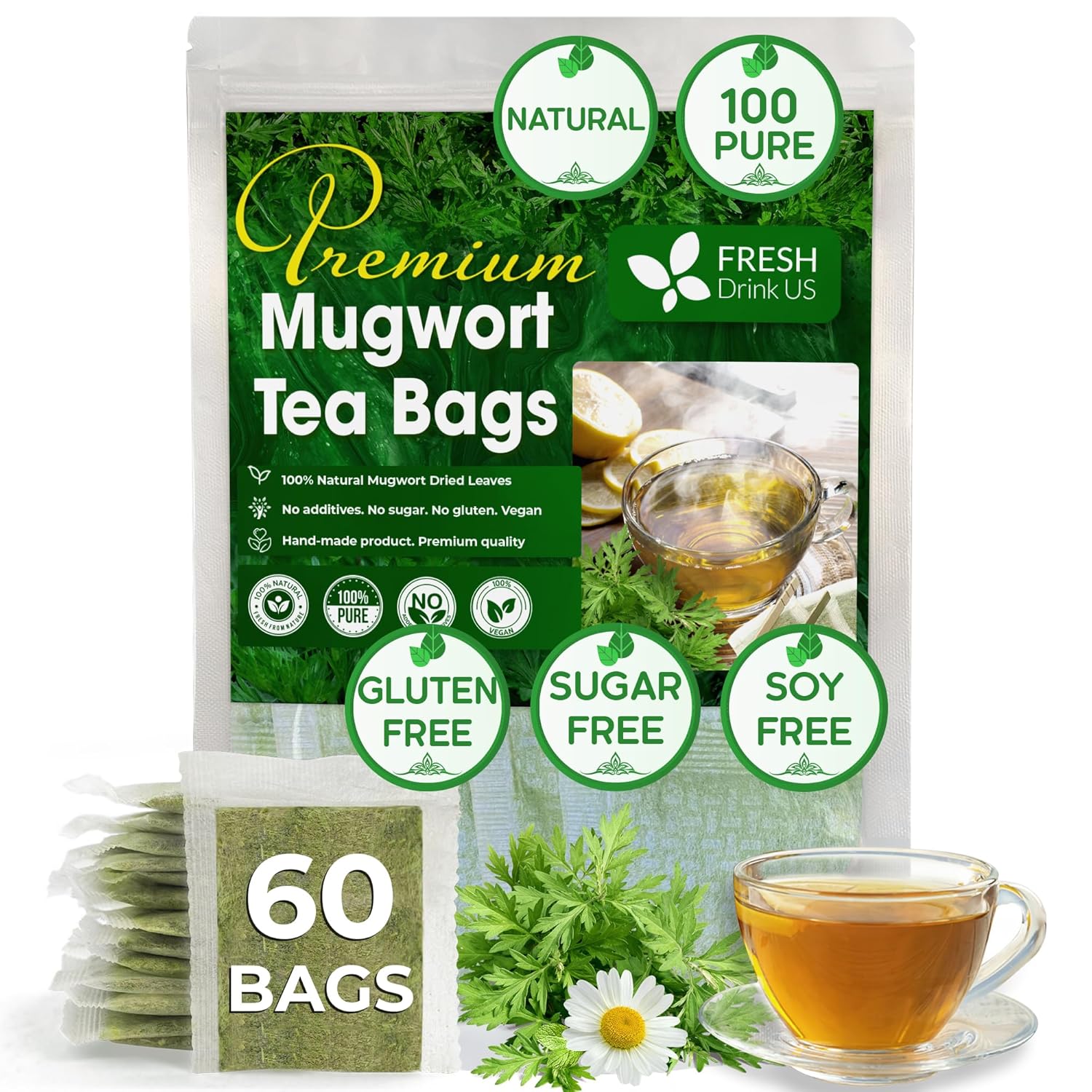 Amazon.com : FreshDrinkUS, Premium 60 Mugwort Leaf Tea Bags, 100% ...